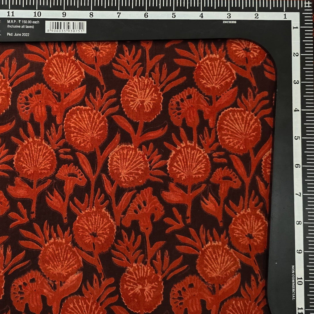Pure Cotton Vanaspati Black With Rust Red Flowers Jaal Hand Block Prin ...