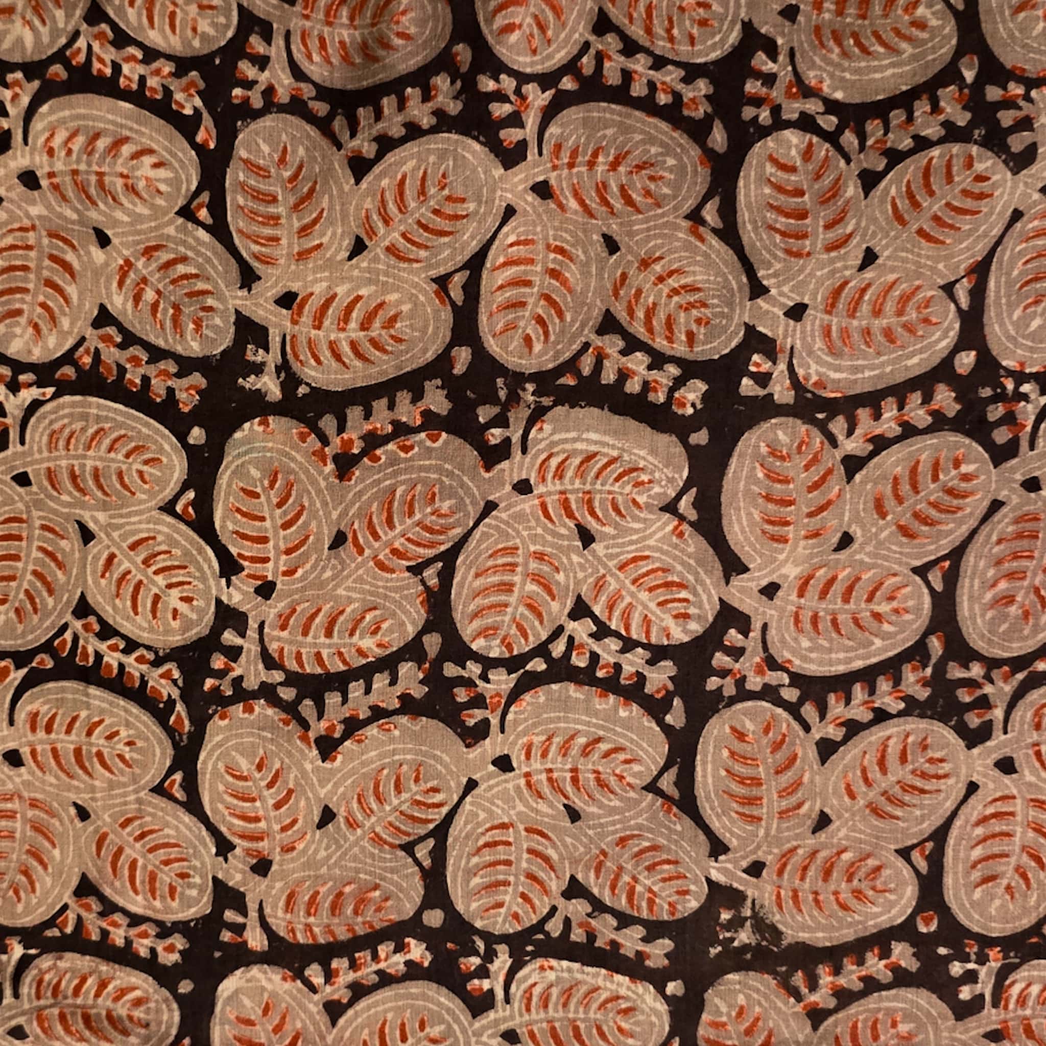 Pure Cotton Vanaspati Black With Rust Red Leaves Motif Hand Block Prin ...