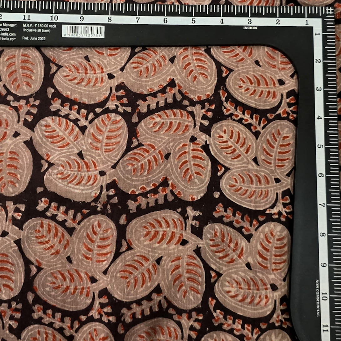 Pure Cotton Vanaspati Black With Rust Red Leaves Motif Hand Block Prin ...