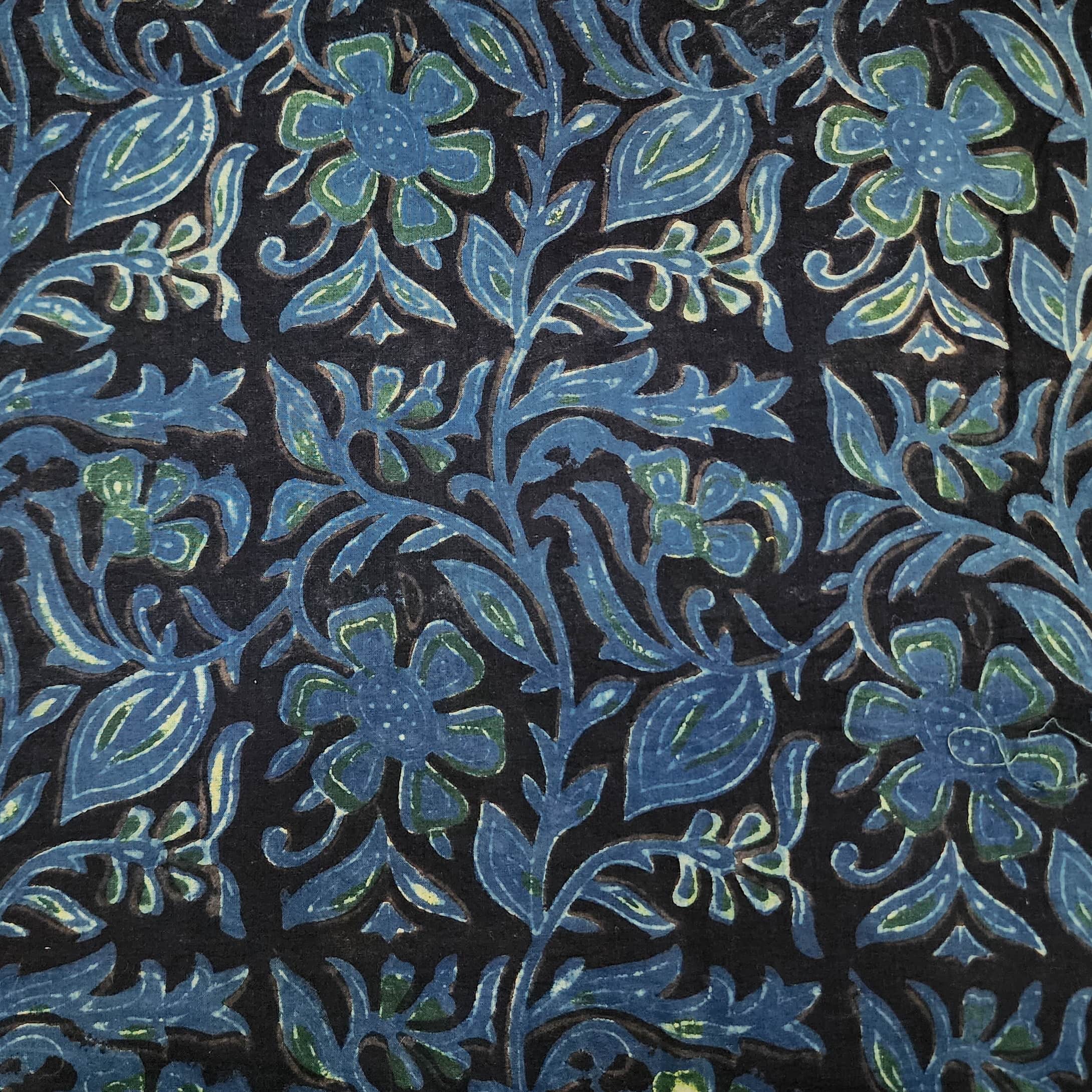 Pure Cotton Vanaspati Black With Teal Blue Wild Flower Jaal Hand Block ...