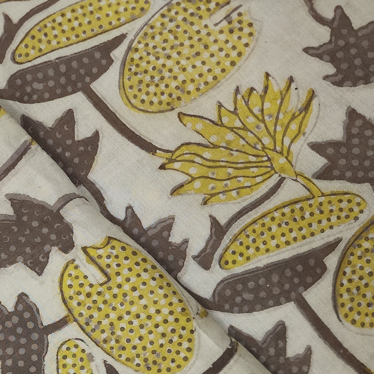 Pure Cotton Vanaspati Cream With Yellow Lotus Jaal Hand Block Print Fa ...