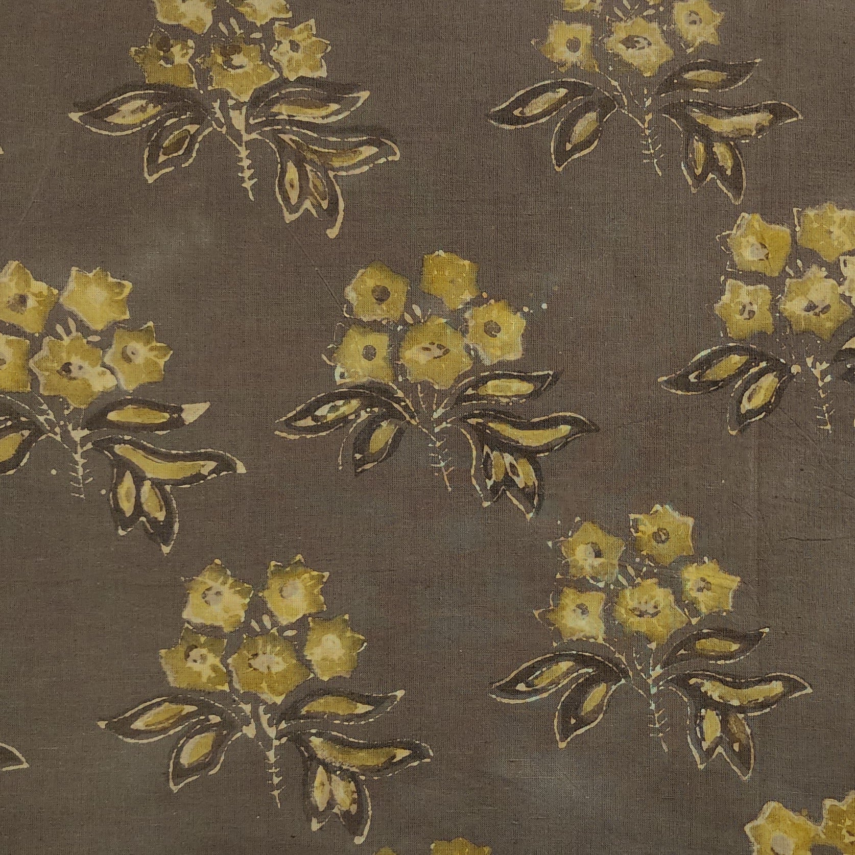 Pure Cotton Vanaspati Dark Grey With Mustard Flower Motif Hand Block P ...