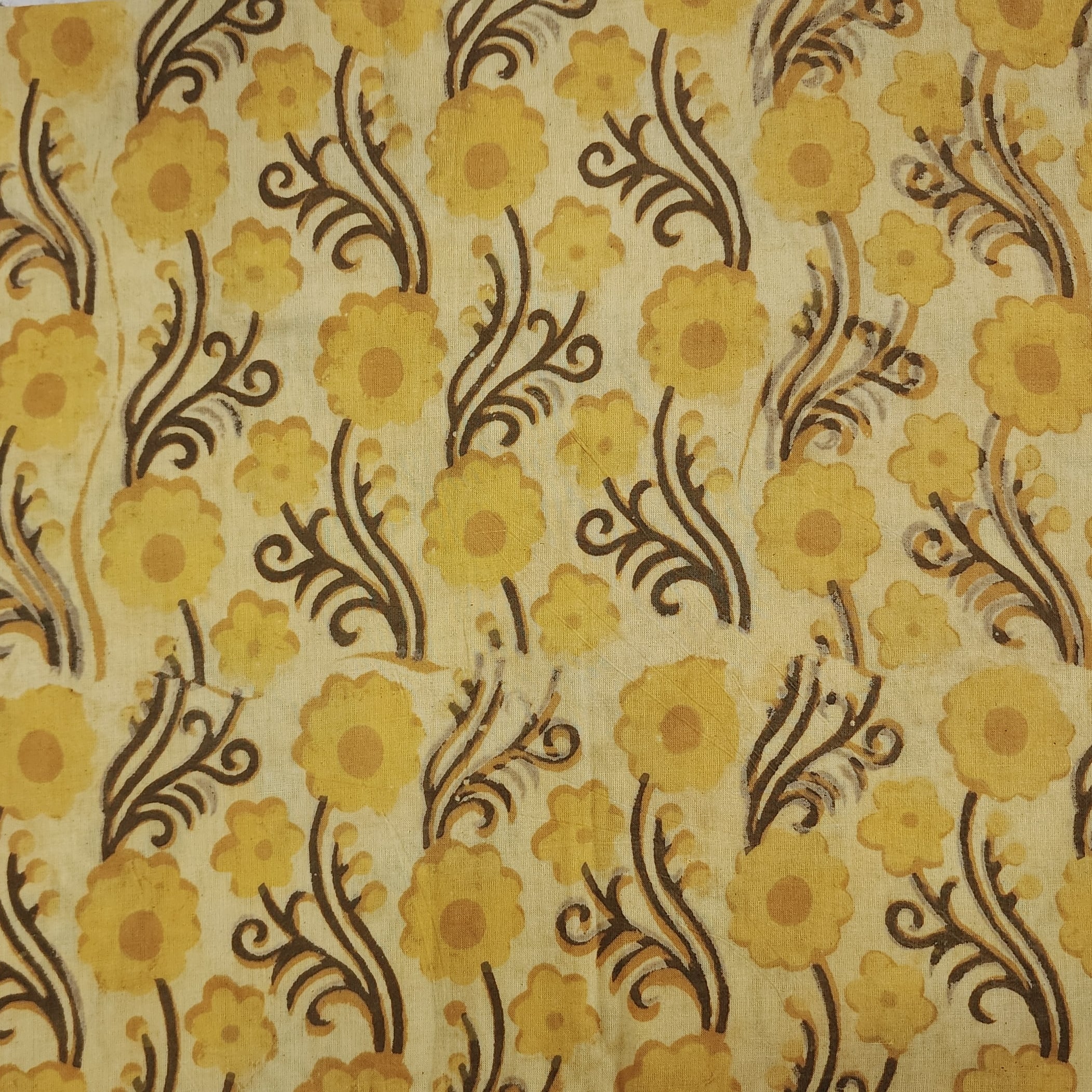 Pure Cotton Vanaspati Mustard Self Flower Creeper Hand Block Print Fab ...
