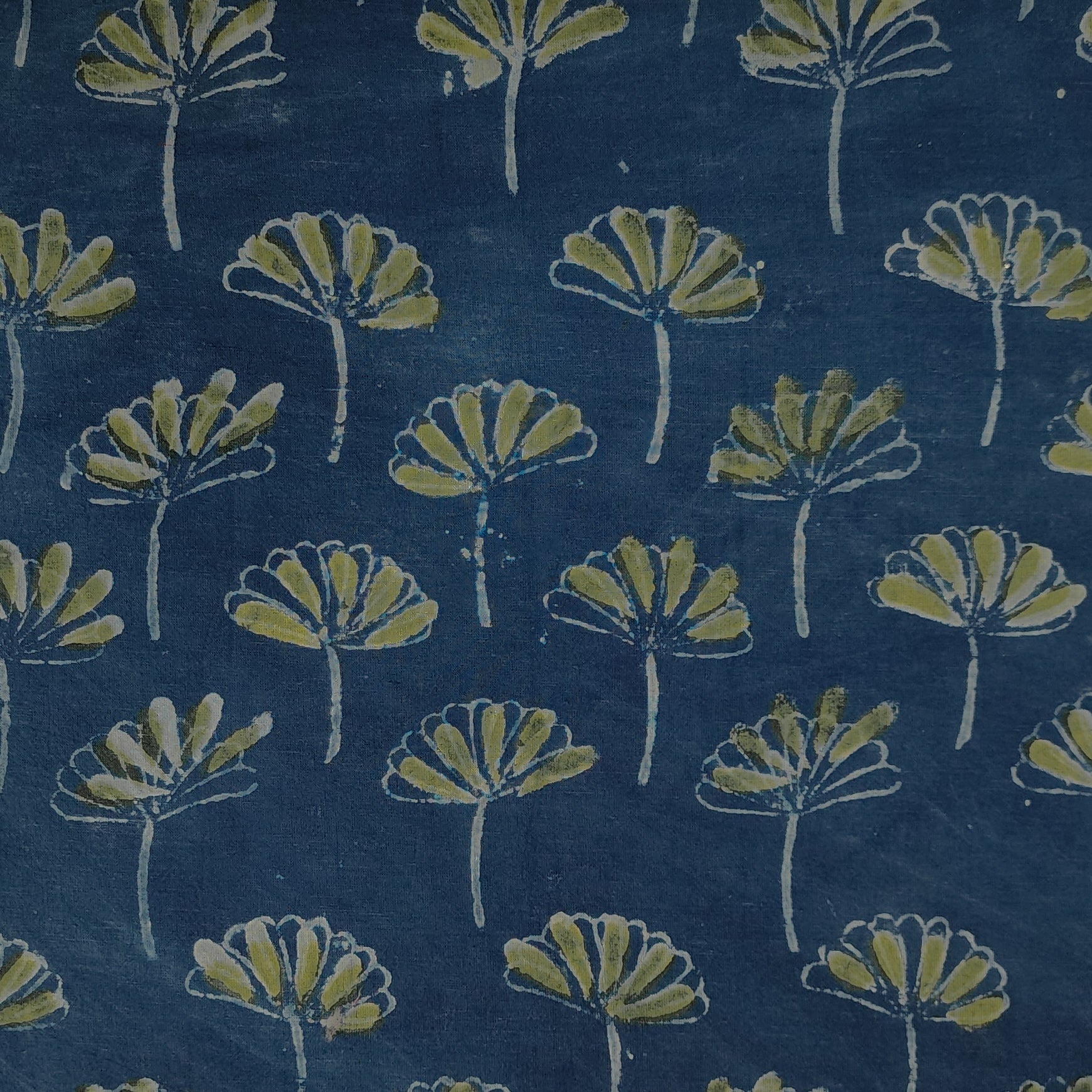 Pure Cotton Vanaspati Navy Blue With Green Flower Motif Hand Block Pri ...