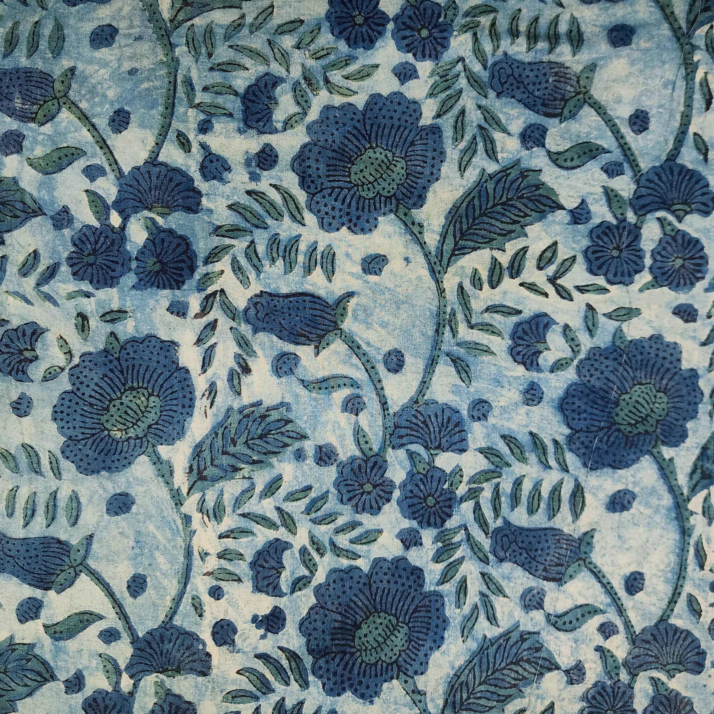 Pure Cotton Vanaspati Teal Jungle Flower Jaal Hand Block Print Fabric ...