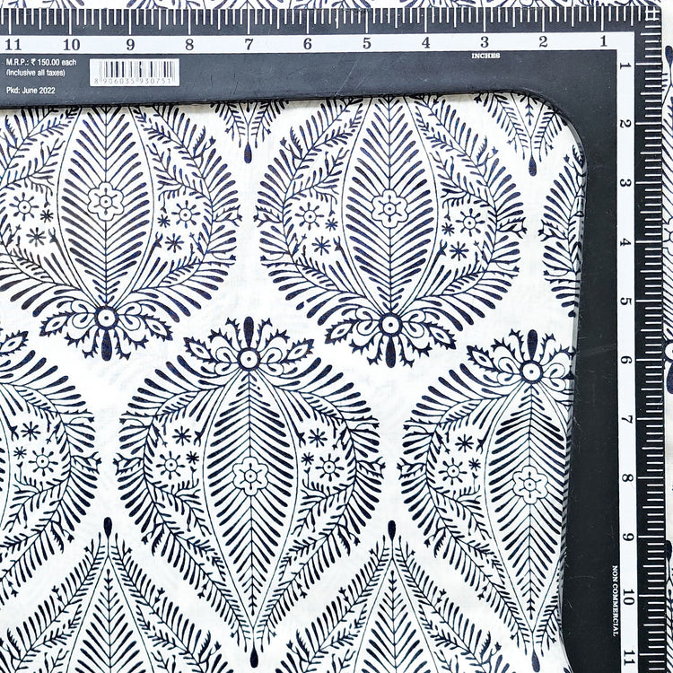 Pure Cotton White With Black Big Leaf Motif Screen Print Fabric – Sanskruti