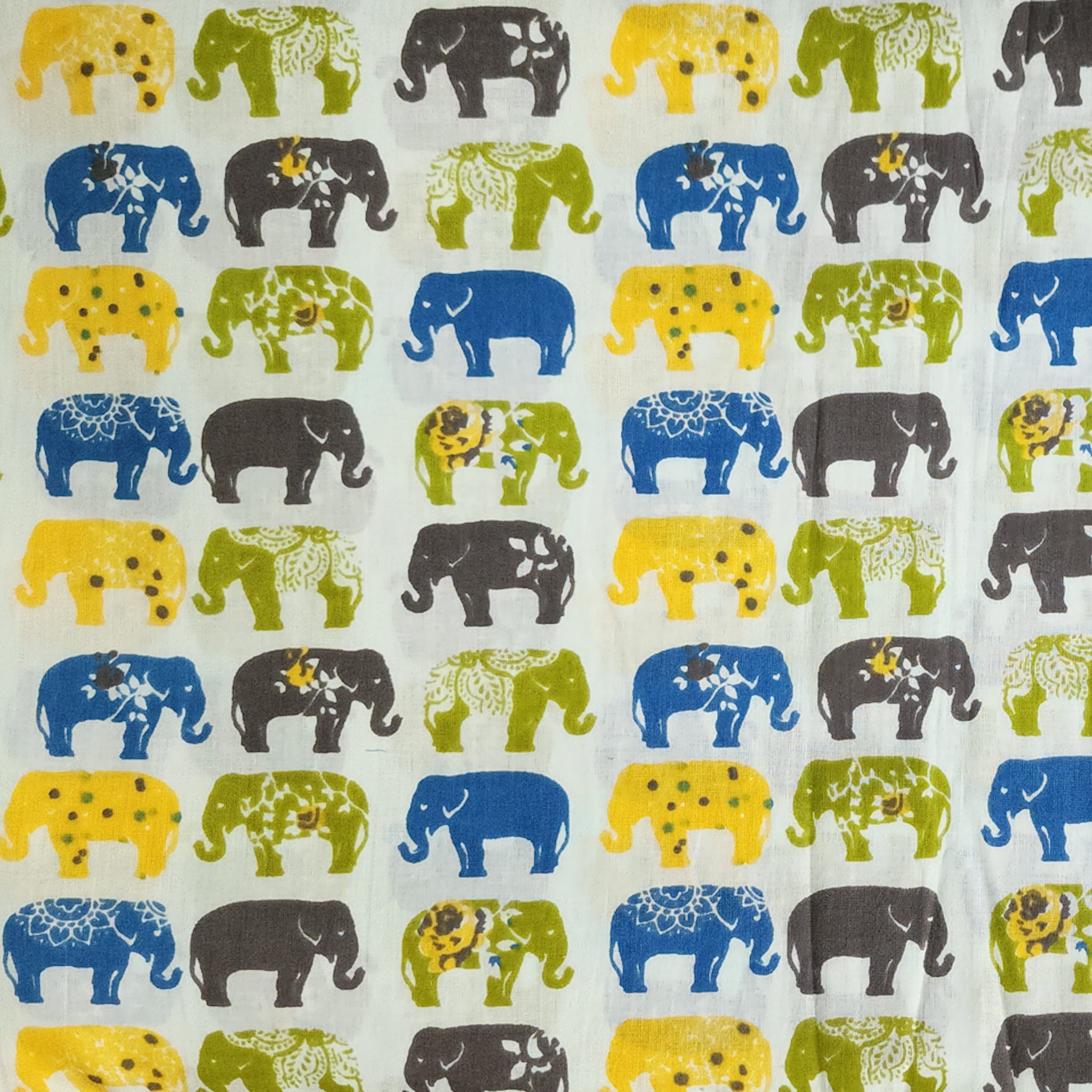 Pure Cotton White With Blue And Green And Black Elephant Screen print ...