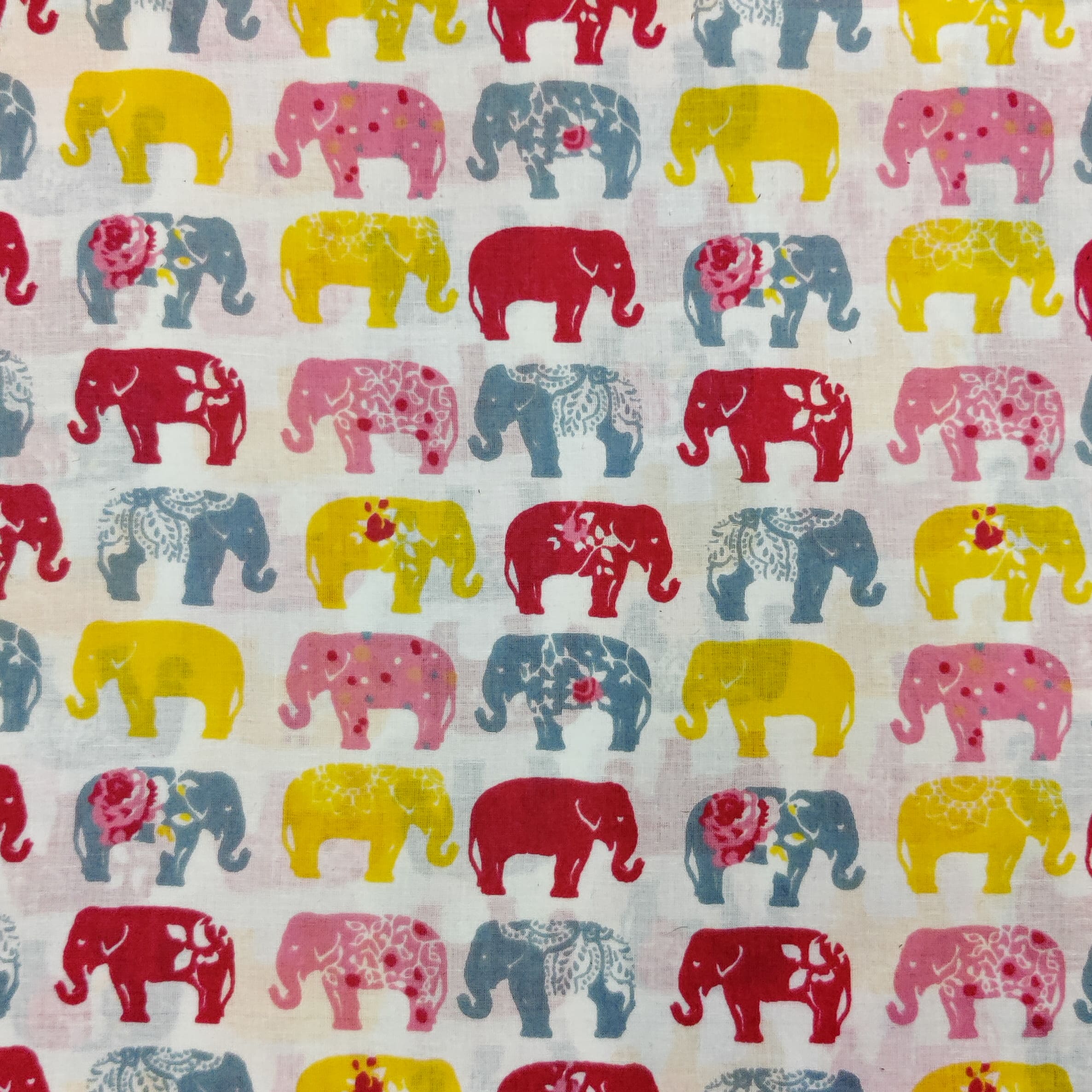 Pure Cotton White With Different Colour Elephant Screen Print Fabric ...