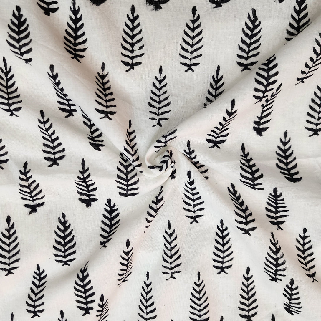 ( Pre-Cut 2 Meter ) Pure Cotton White With Fern Motifs Hand Block Prin ...