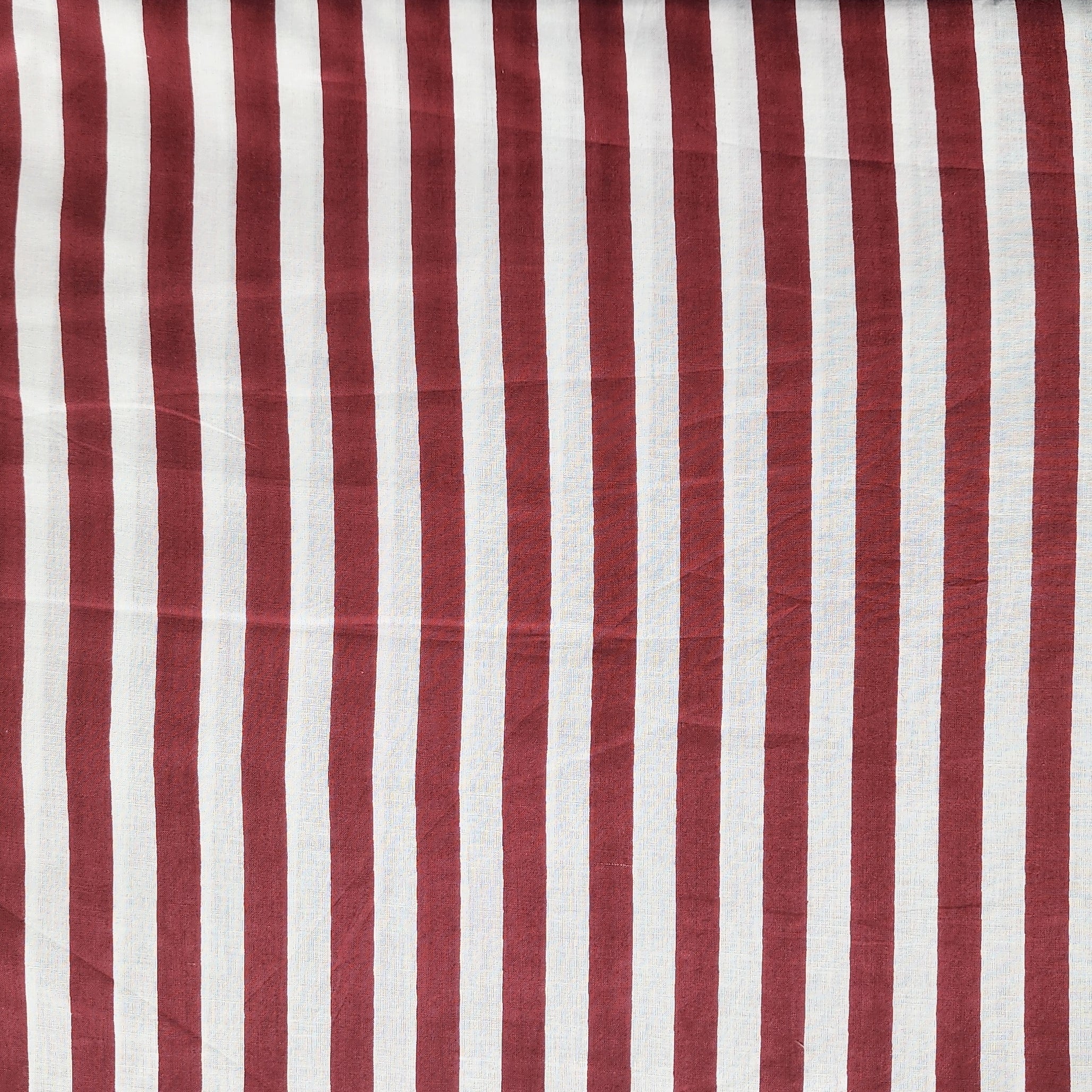 Pure Cotton White With Maroon Fat Stripes Screen Print Fabric – Sanskruti
