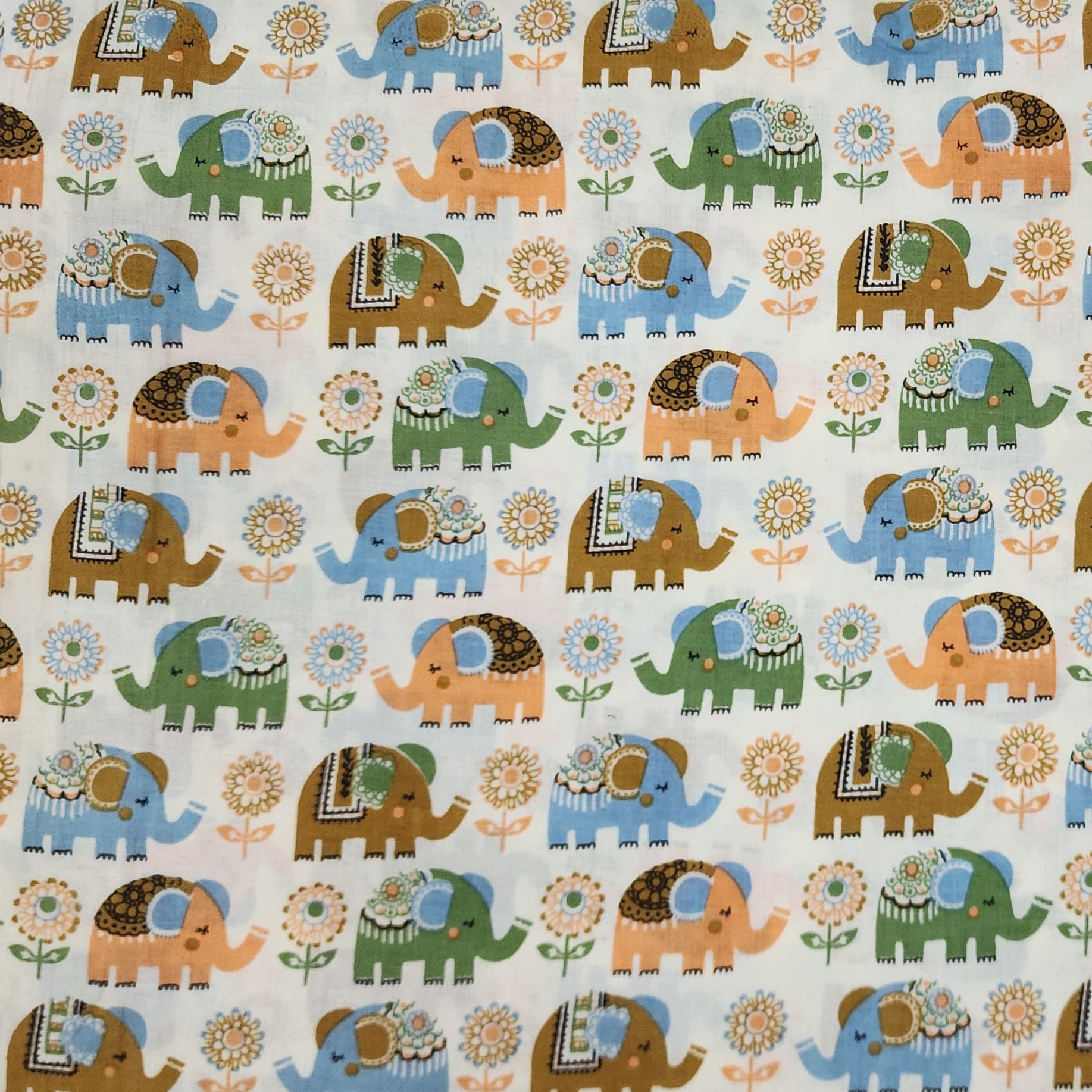 Pure Cotton White With Orange And Blue And Green Elephant Screen Print ...