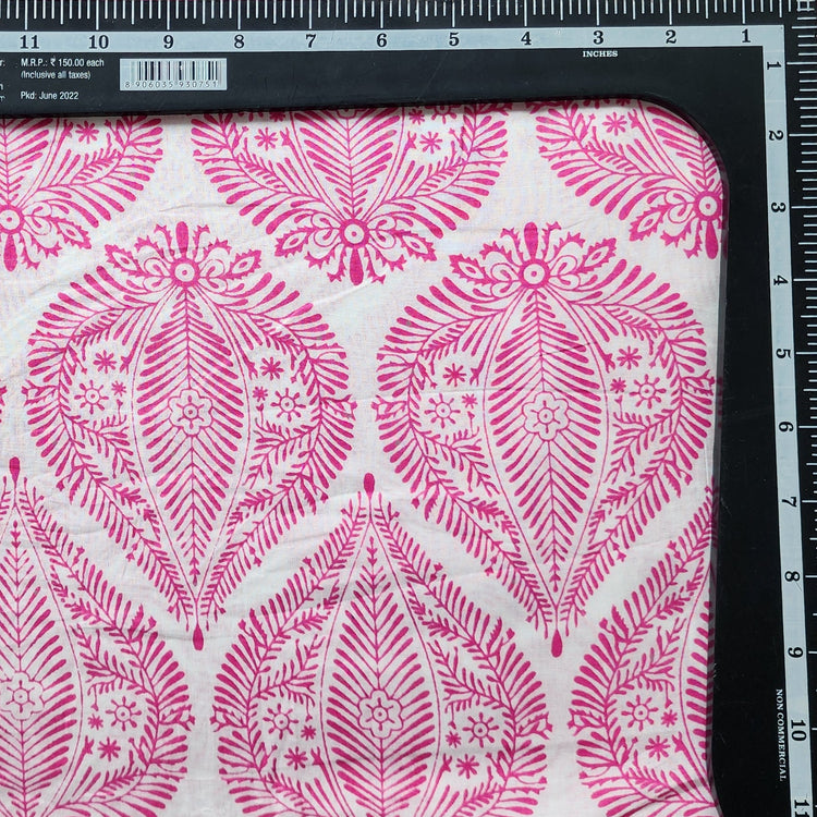 Pure Cotton White With Pink Big Leaf Motif Screen Print Fabric – Sanskruti