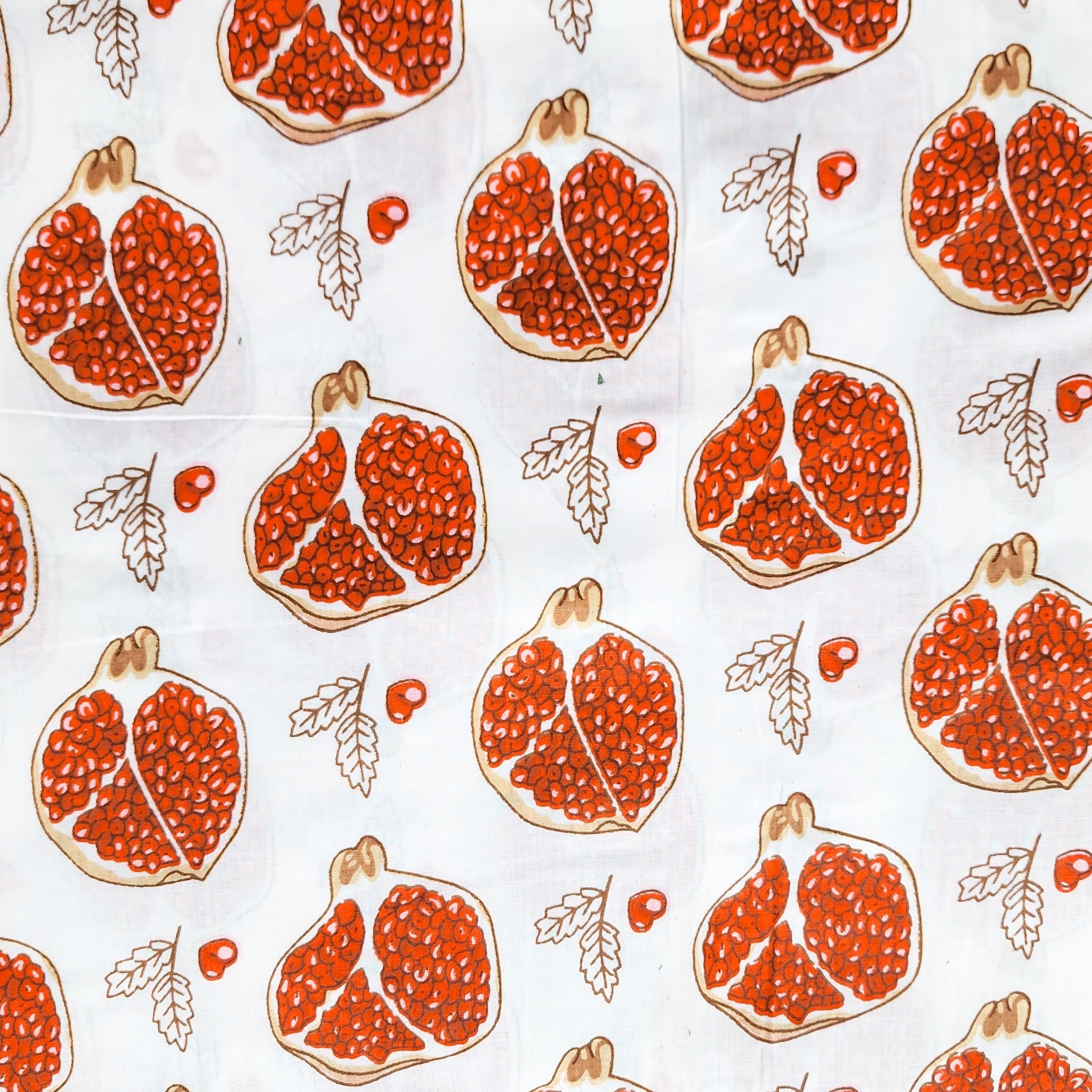 Pure Cotton White With Red Pomegranate Fruit Screen Print Fabric ...