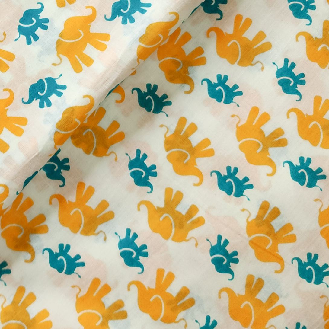 Pure Cotton White With Tiny Blue Elephant And Big Yellow Elephant Scre ...