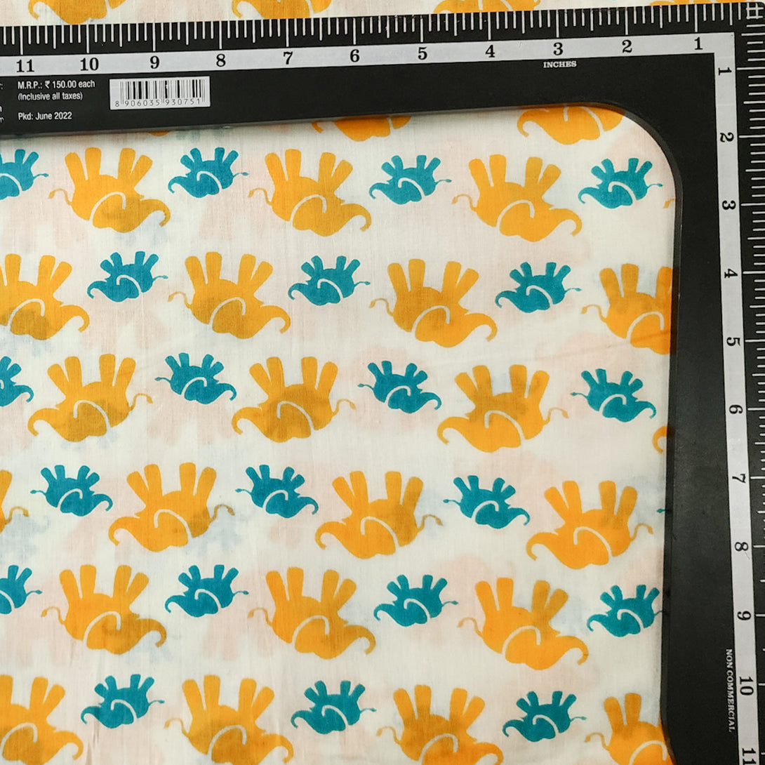 Pure Cotton White With Tiny Blue Elephant And Big Yellow Elephant Scre ...