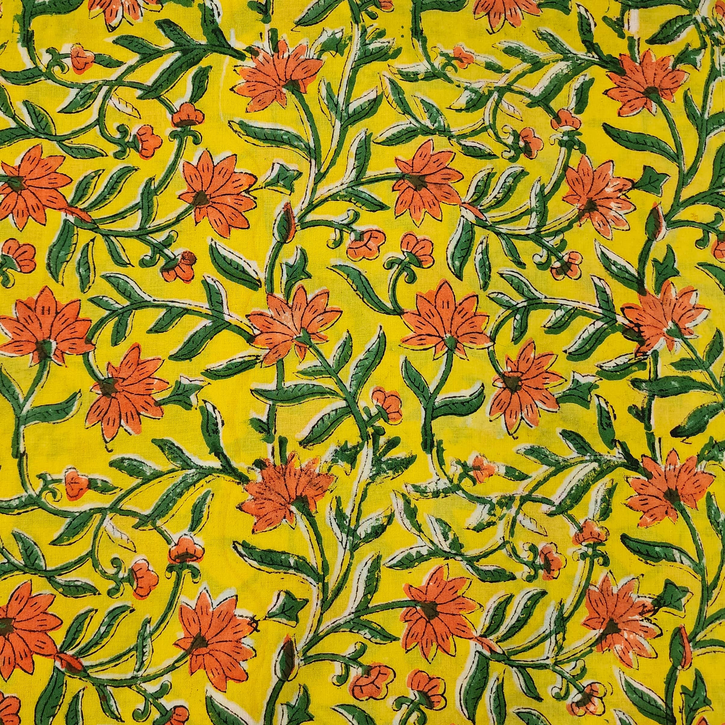 Pure Cotton Yellow Jaipuri With Orange Floral Jaal Hand Block Print Fa ...