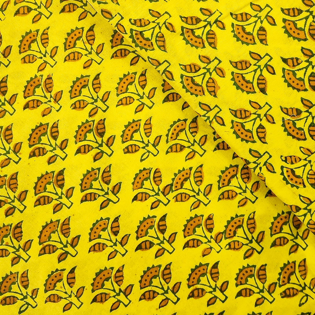 Pure Cotton Yellow With Green And Mustard Flower Bud Motif Hand Block ...