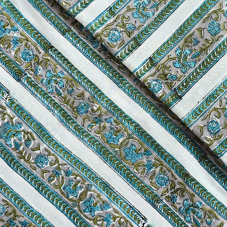 Pure Mul Cotton Jaipuri Grey With Blue Border Intricate Flower Creeper ...