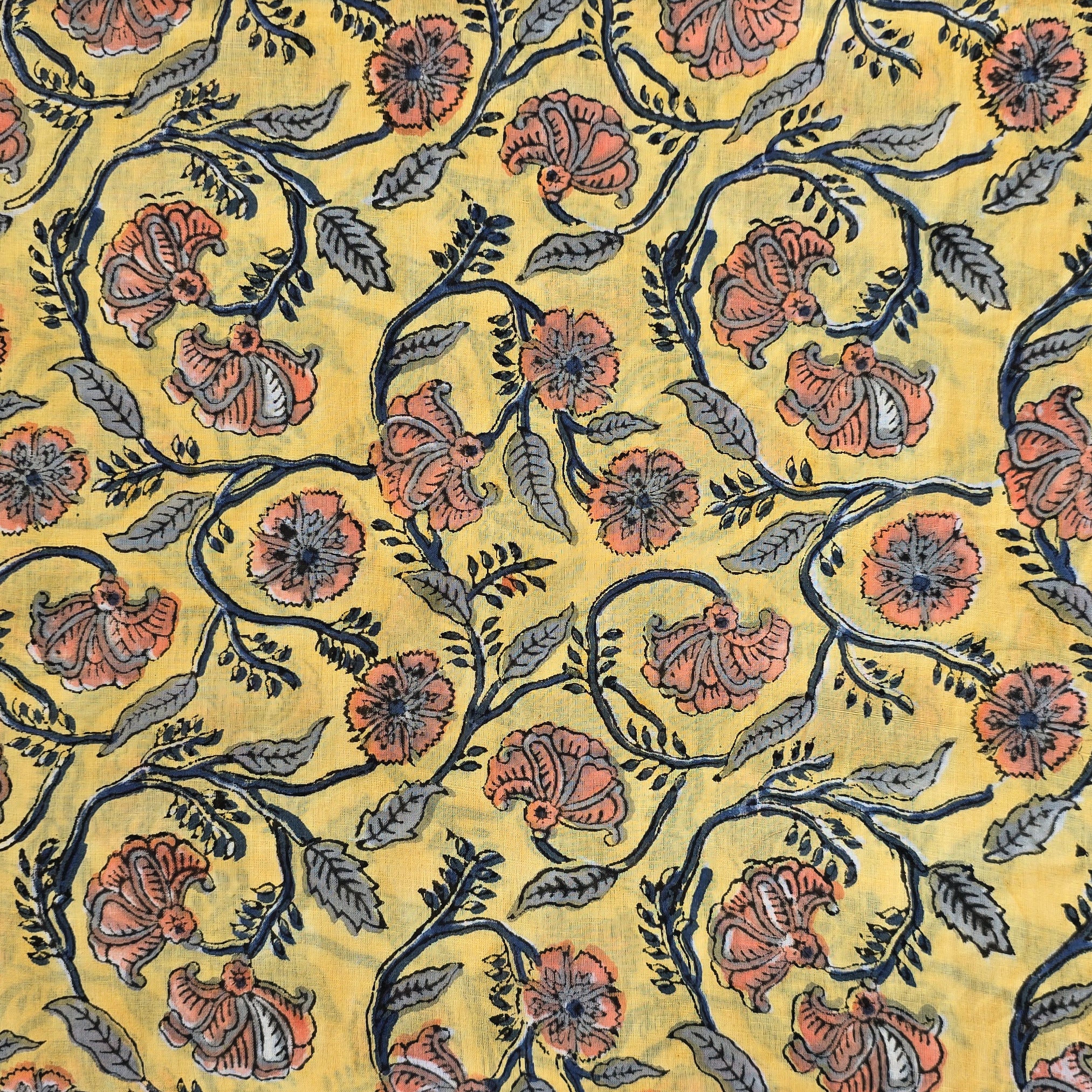(Pre-Cut 1 Meter) Pure Mul Cotton Jaipuri Yellow With Orange Jungle Fl ...