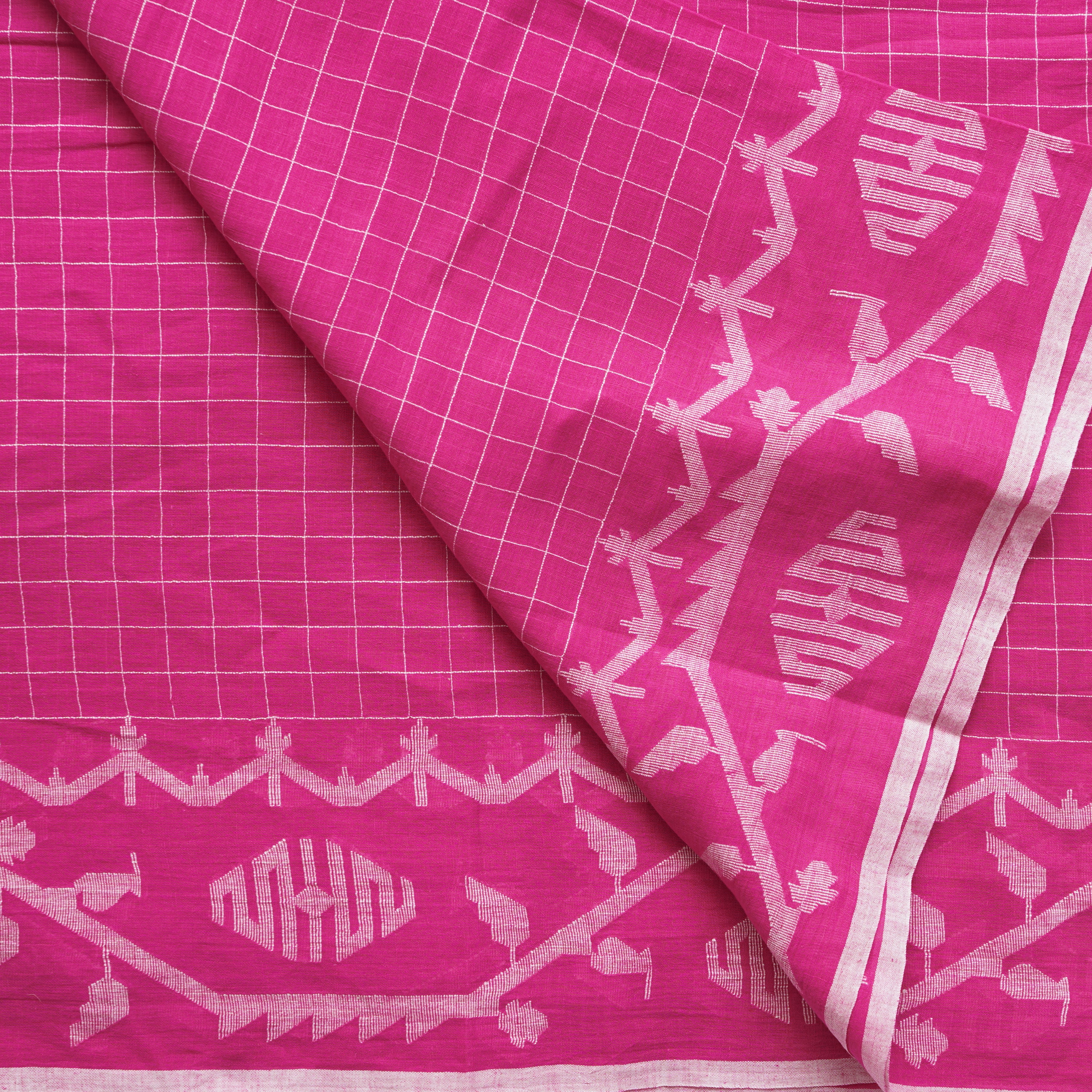 Pure Mul Jamdani Pink With White Checks And Big Border Woven Fabric ...
