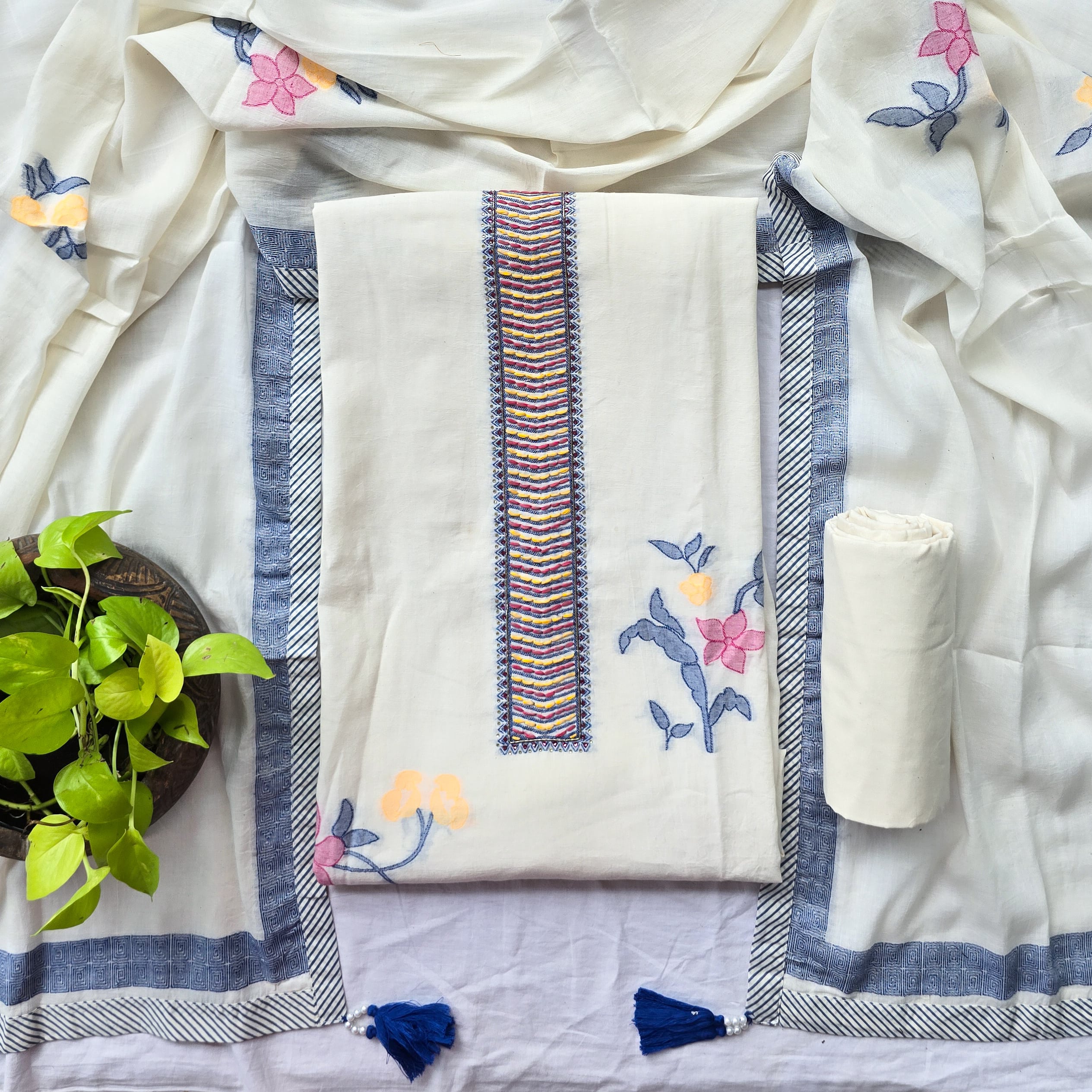 RANISA- Pure Cotton Cream With Blue Embroidery Design Top And Pure Cot ...