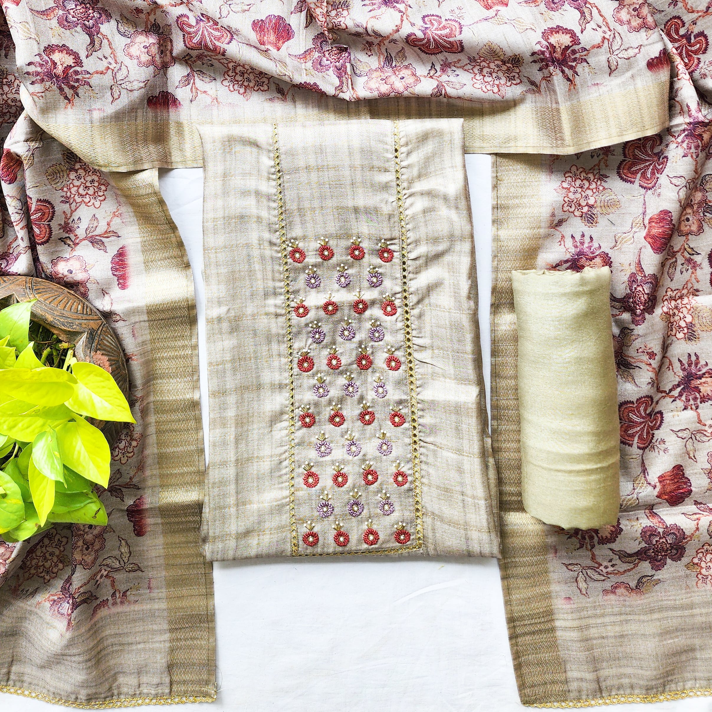 RANISA-Raw Silk Khaki Colour embroidery Aari Work Yoke Suit – Sanskruti