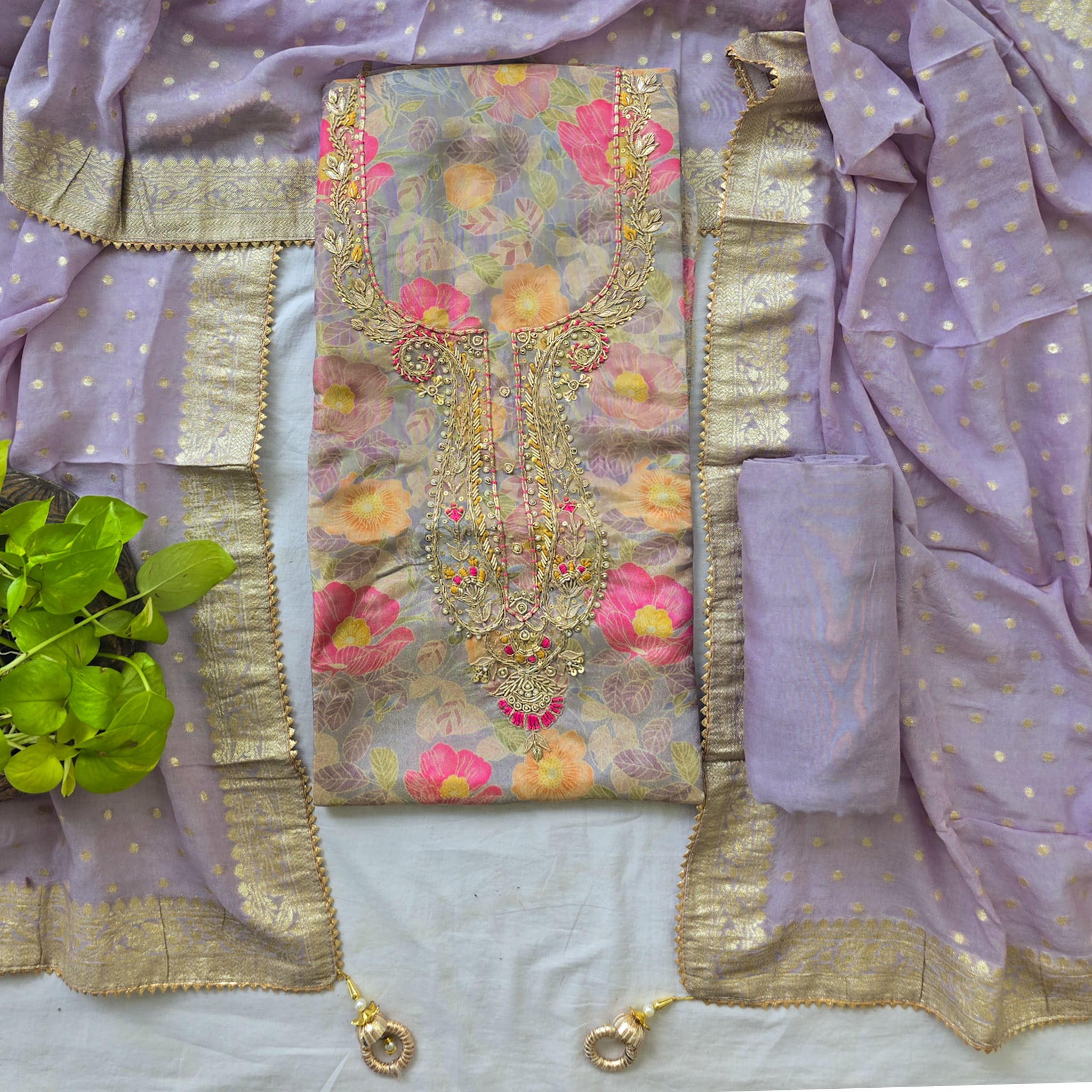 RANISA-Tissue Purple Floral With Heavy Aari Work And Plain Rayon Botto ...