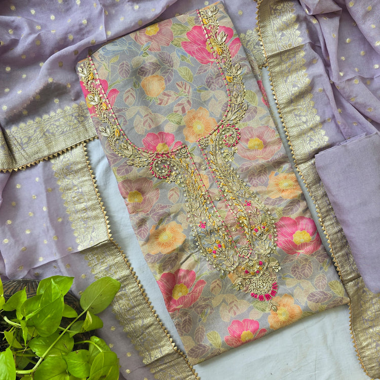RANISA-Tissue Purple Floral With Heavy Aari Work And Plain Rayon Botto ...