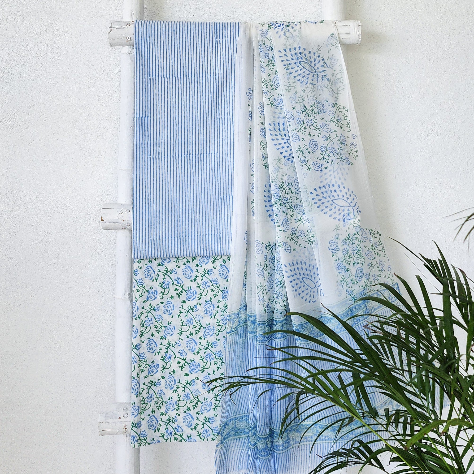 ROZANA-Pure Cotton Jaipure White With Blue Stripes Top And White And B ...