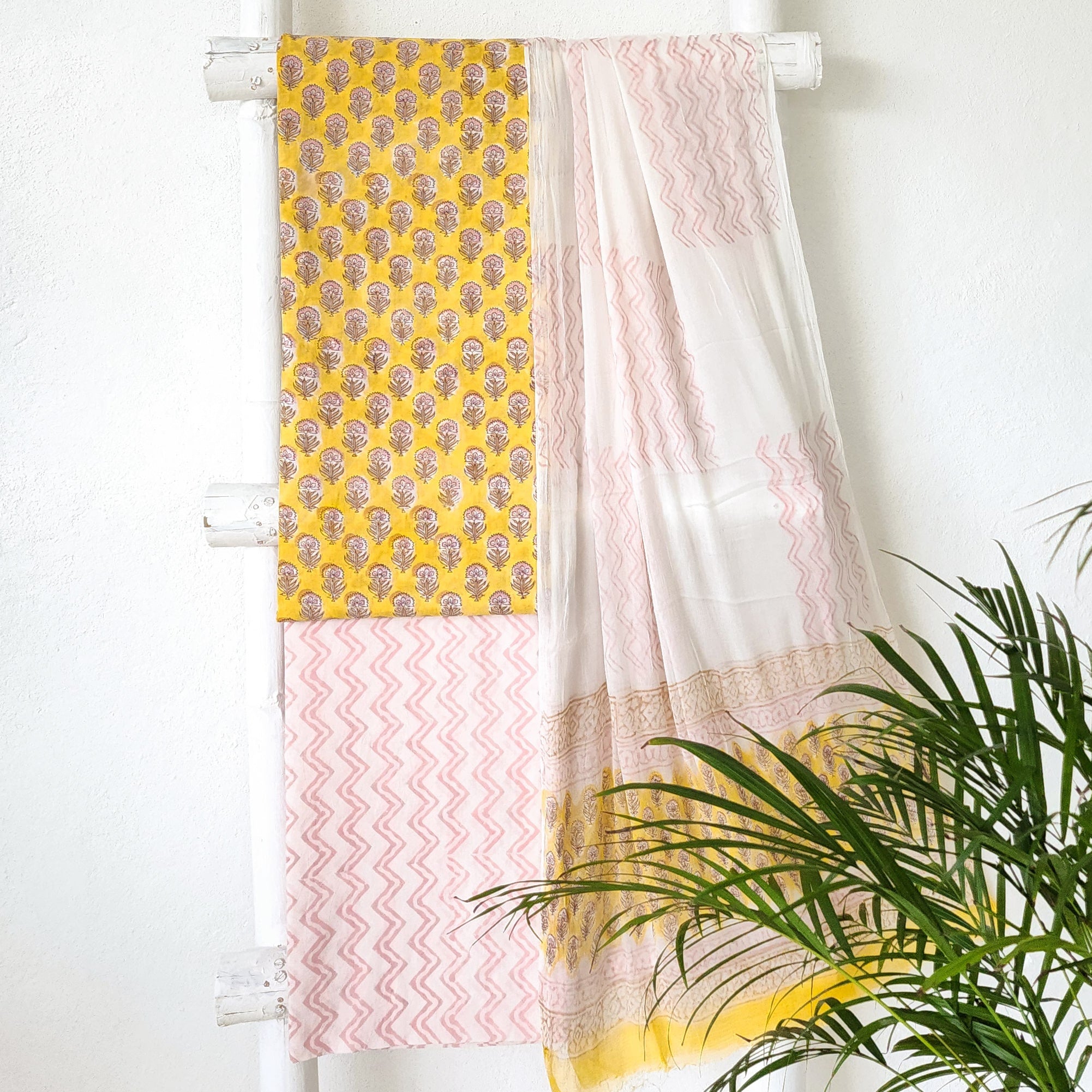 ROZANA-Pure Cotton Jaipure Yellow With Pink Flower Motif Top And White ...