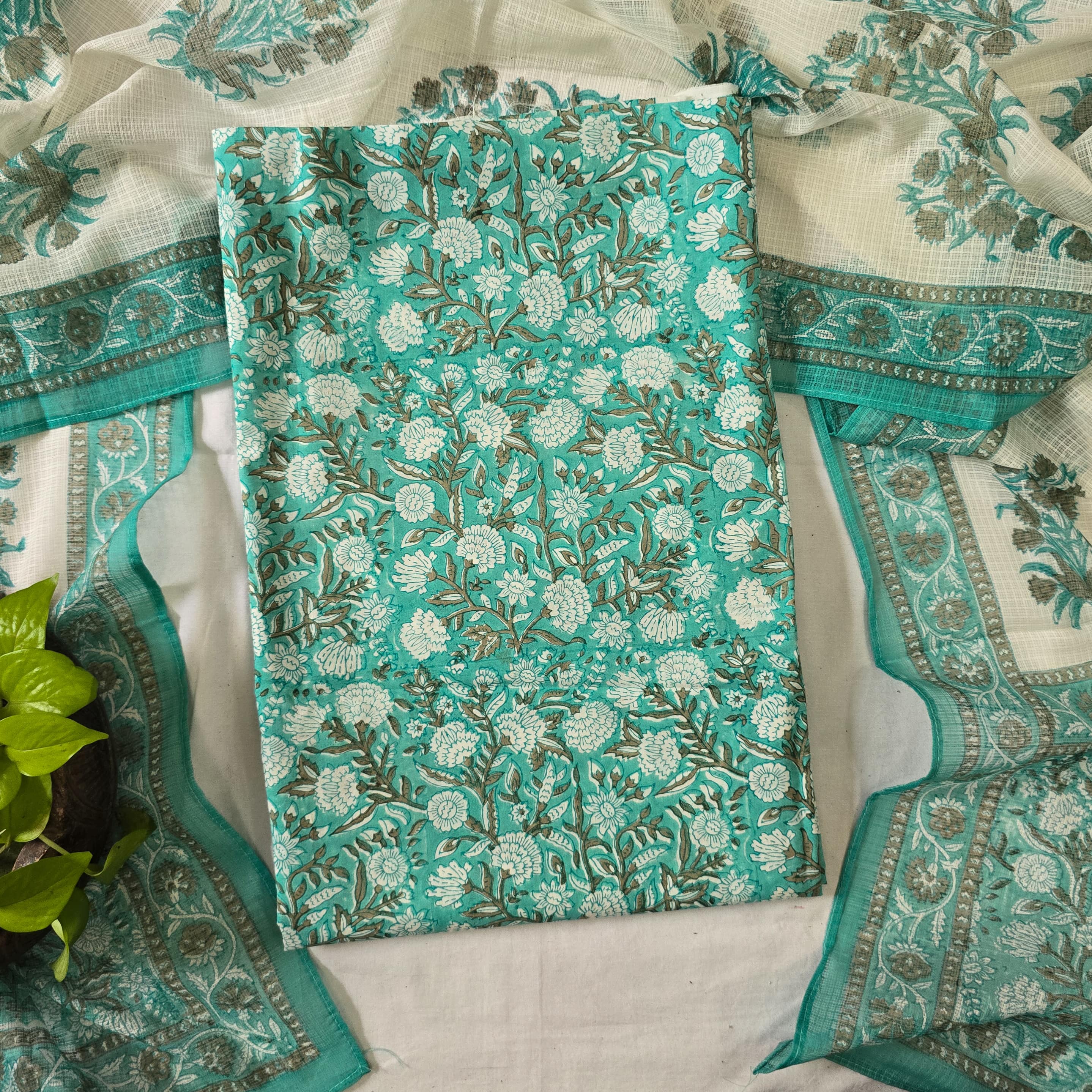 ROZANA-Pure Cotton Jaipuri Blue And Grey With White Flower Jaal Top An ...