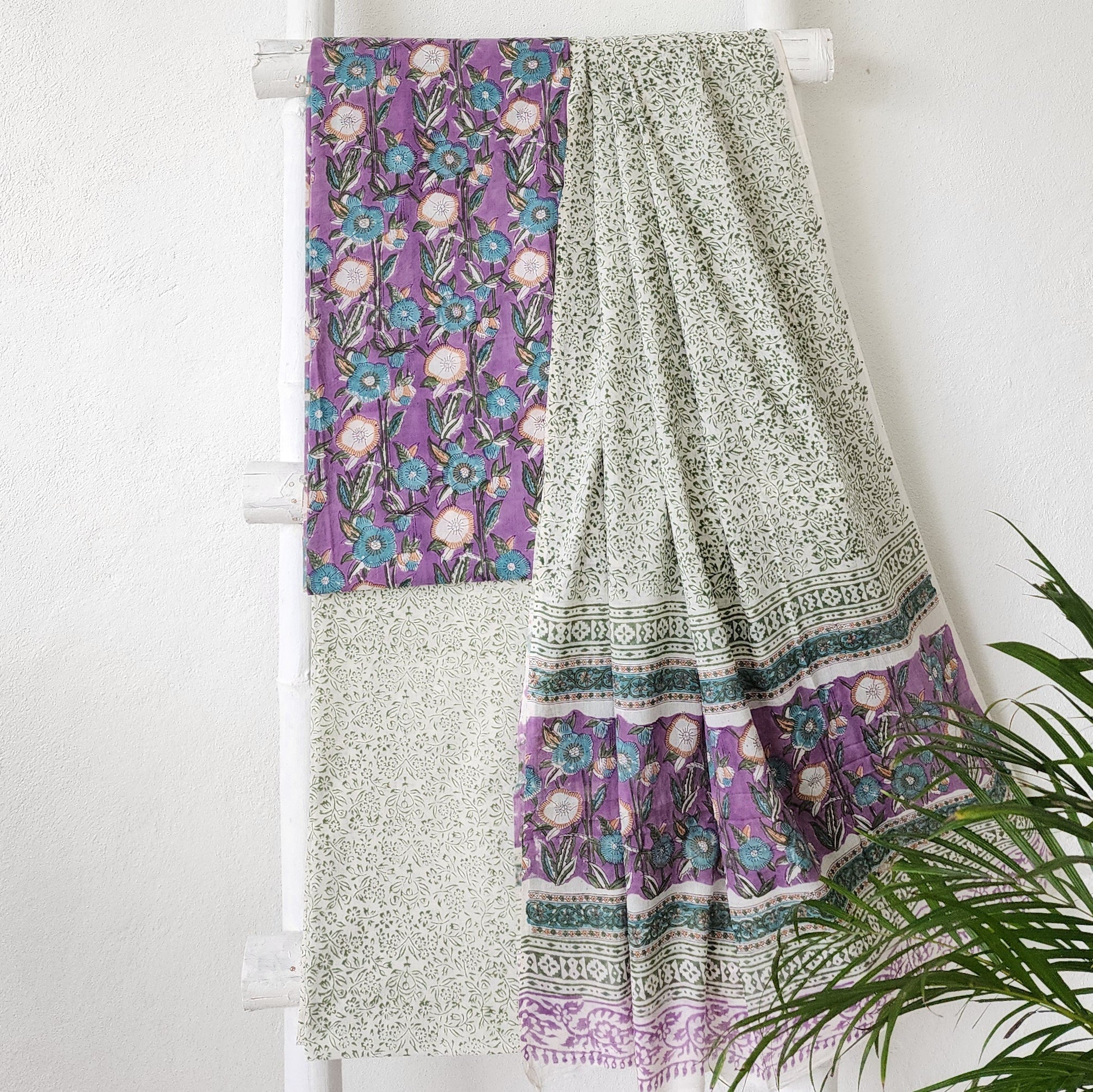 ROZANA-Pure Cotton Jaipuri Purple Flower Creeper Jaal Top And White An ...