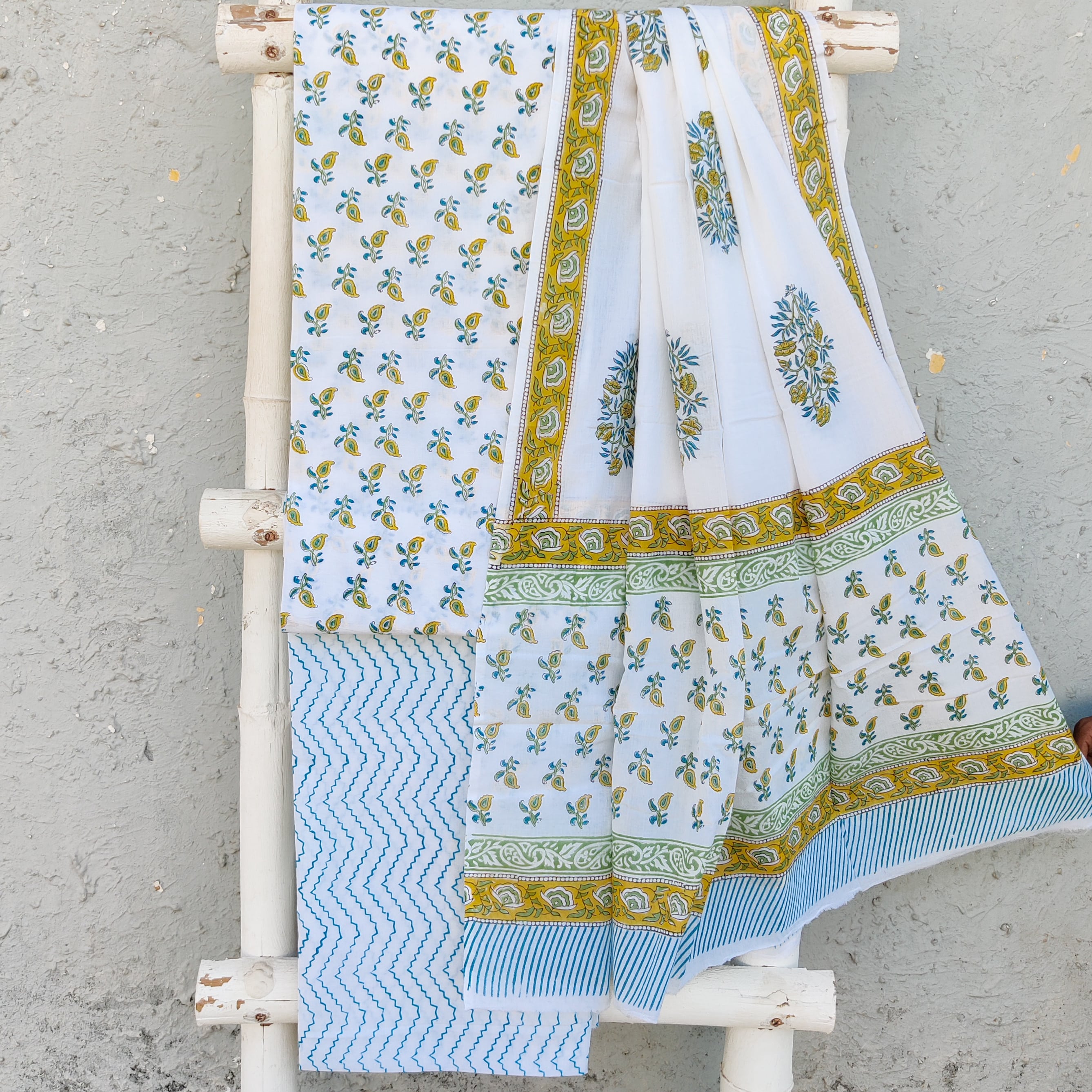 ROZANA-Pure Cotton White And Blue Flower Motifs Top With White Bottom ...