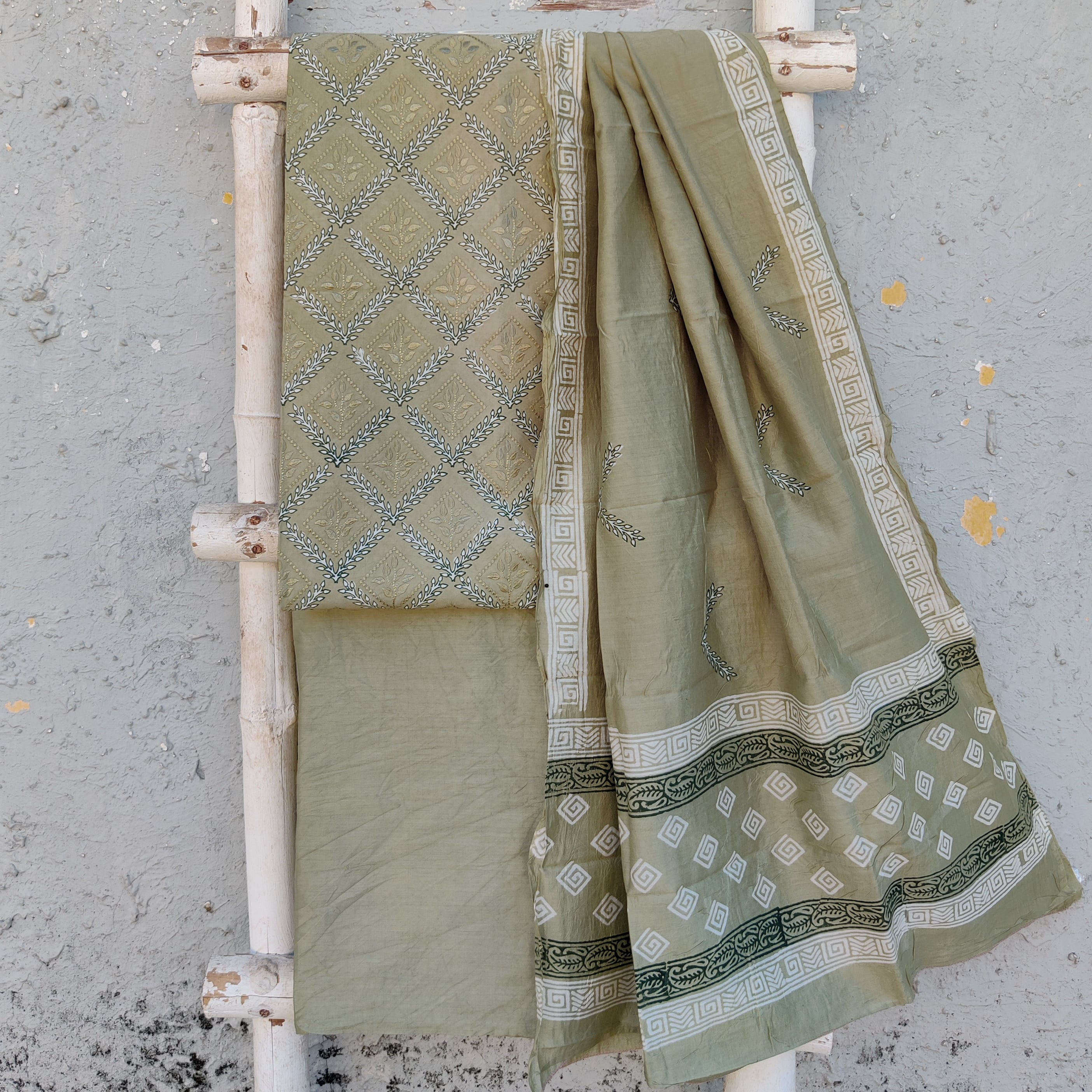 SAMREEN-Pure Cotton Mint Green With Emboridrey Top And Cotton Silk Bot ...