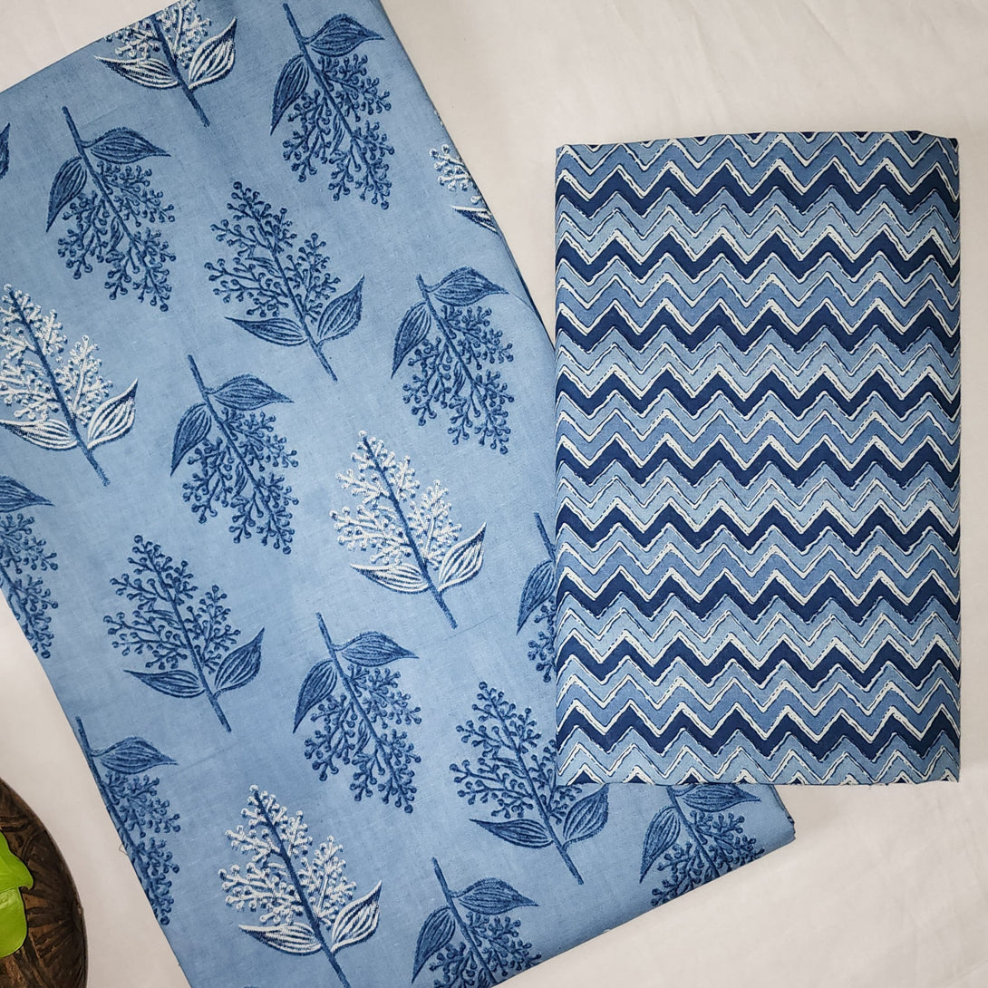 SATYA-Pure Cotton Blue Leaves Motif Screenprint Top And Blue Zig-Zag B ...