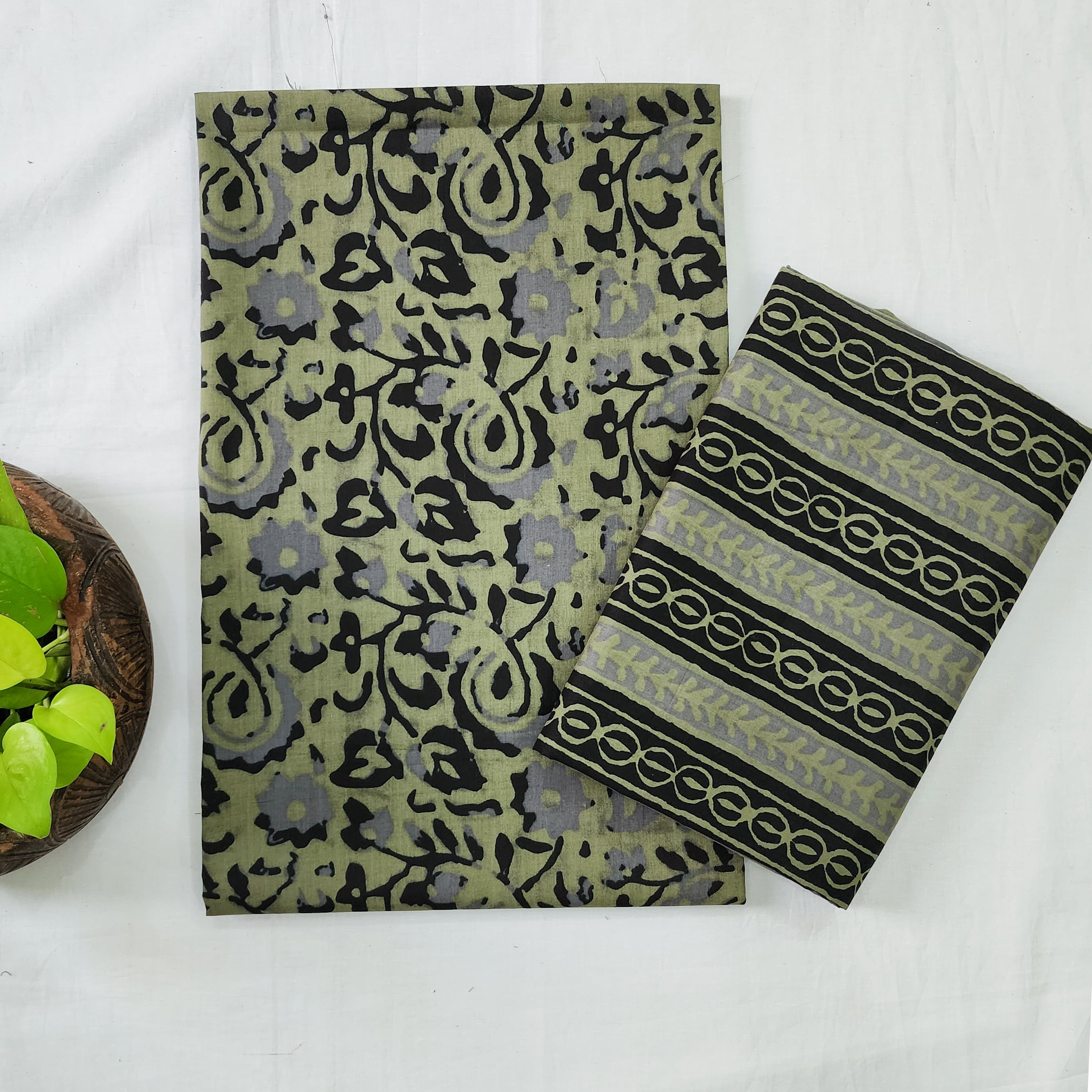 SATYA-Pure Cotton Green With Brown Flower Jaal Screenprint Top And Gre ...