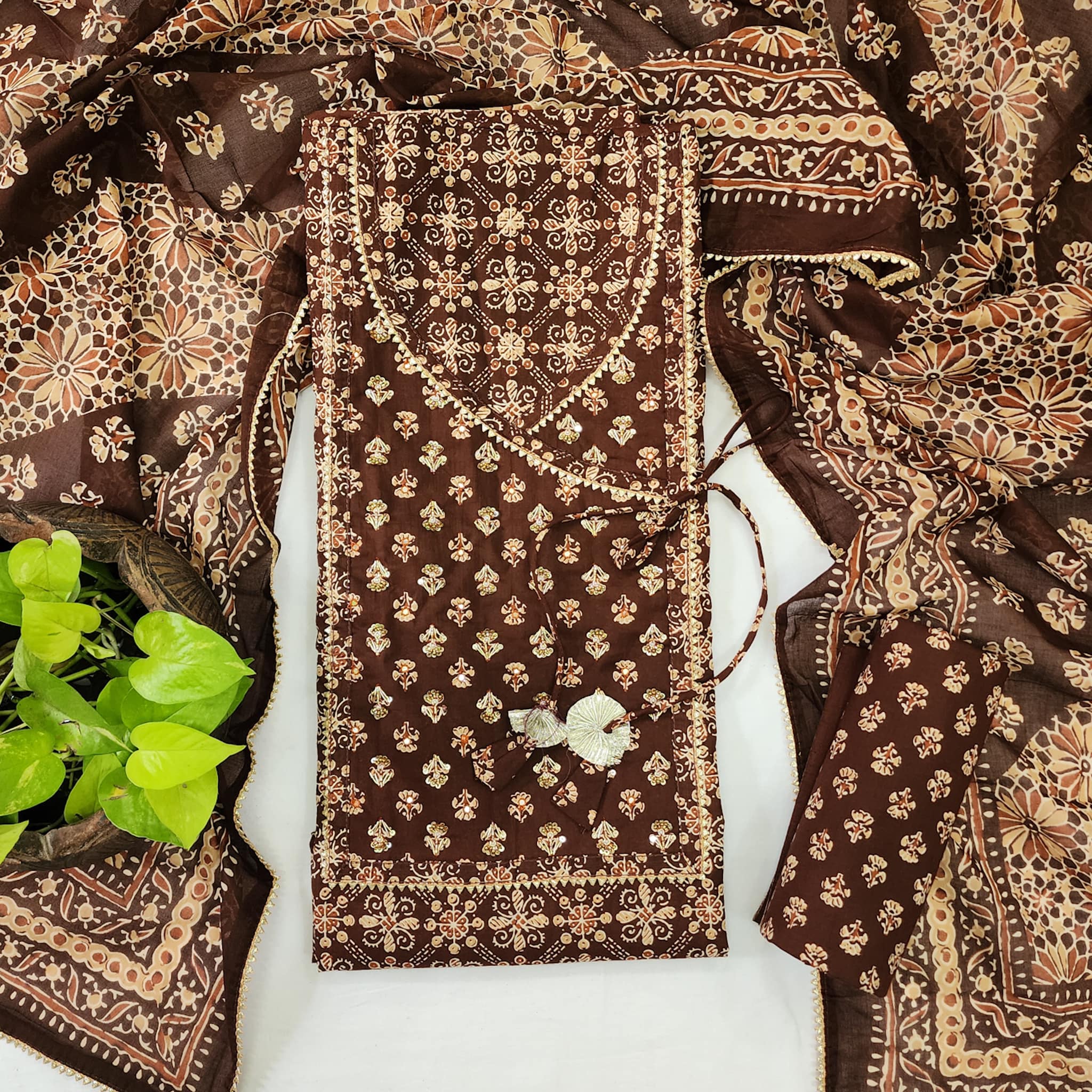 SHINE-Pure Cotton Brown With Aari Work Neck Top And Pure Cotton Brown ...