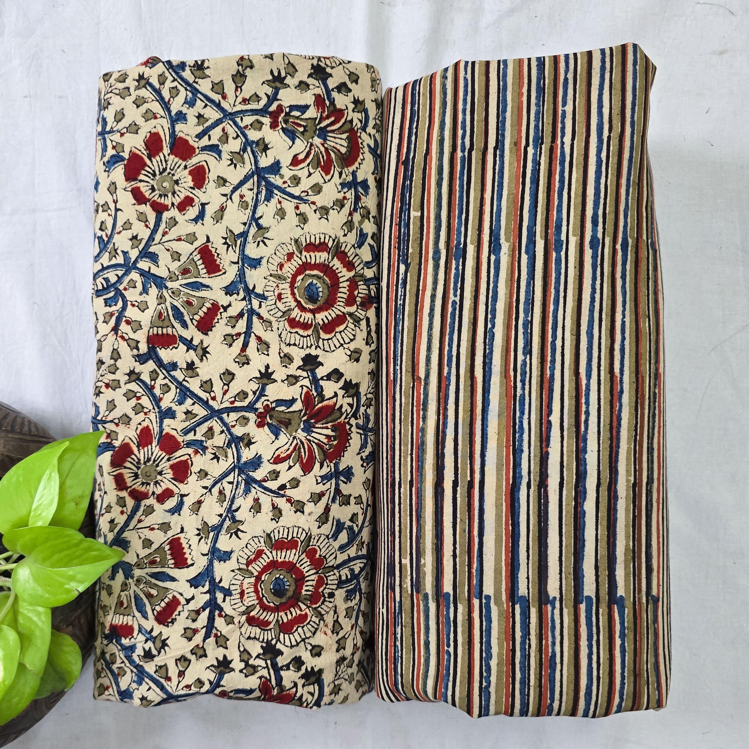 Top Bottom Combo Pure Cotton Cream Floral Fabric With Kalamkari Stripe ...