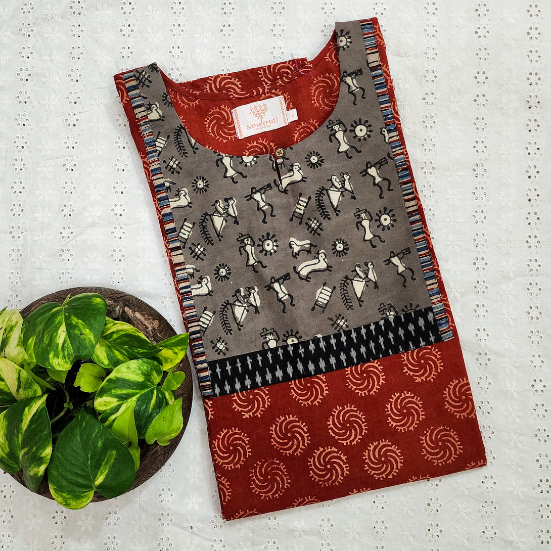 PIHU - Pure Cotton Rust Ajrak Kurta With Kashish Yoke – Sanskruti
