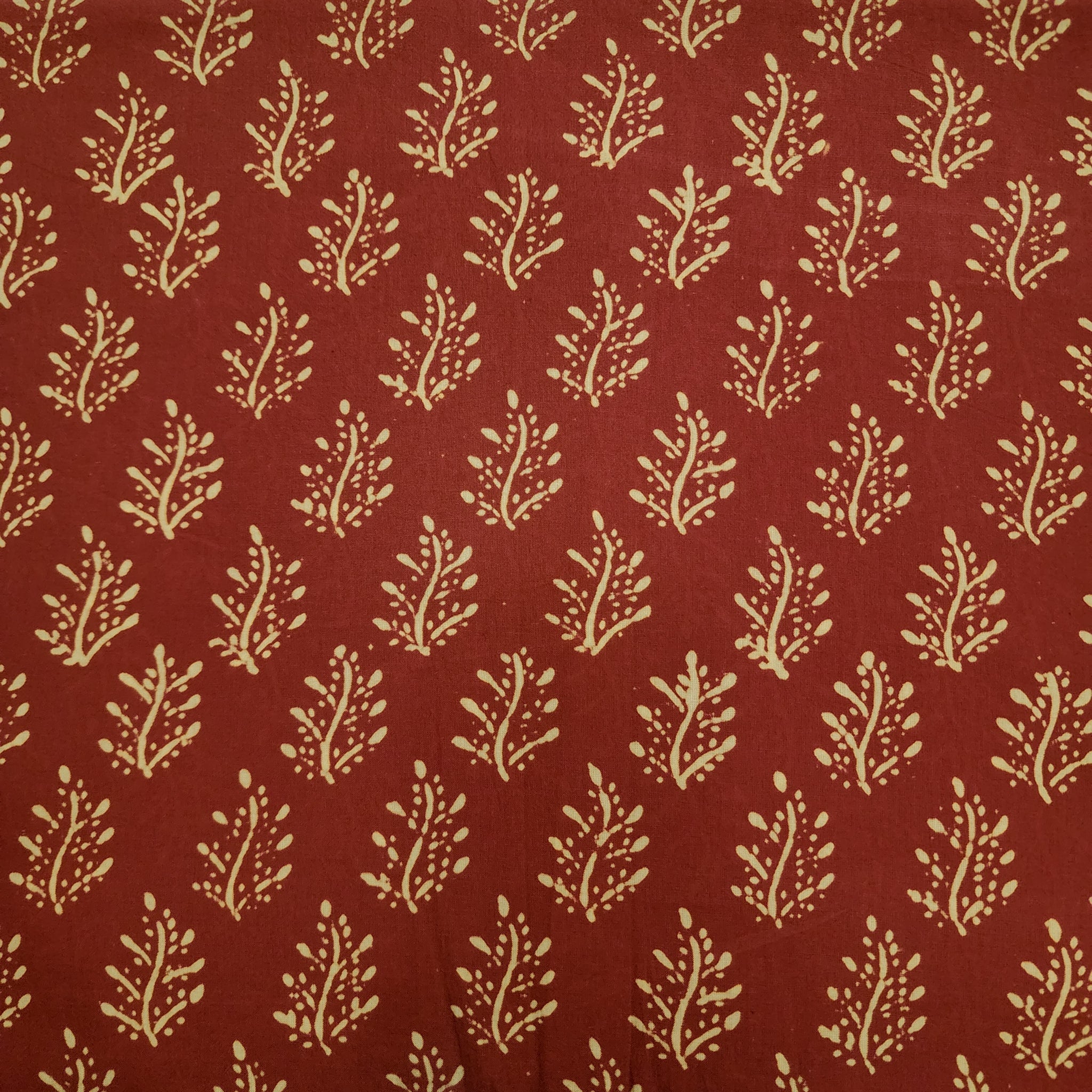 Pure Cotton Discharge Dark Salmon With Yellow Cream Bush Motif Hand Bl ...