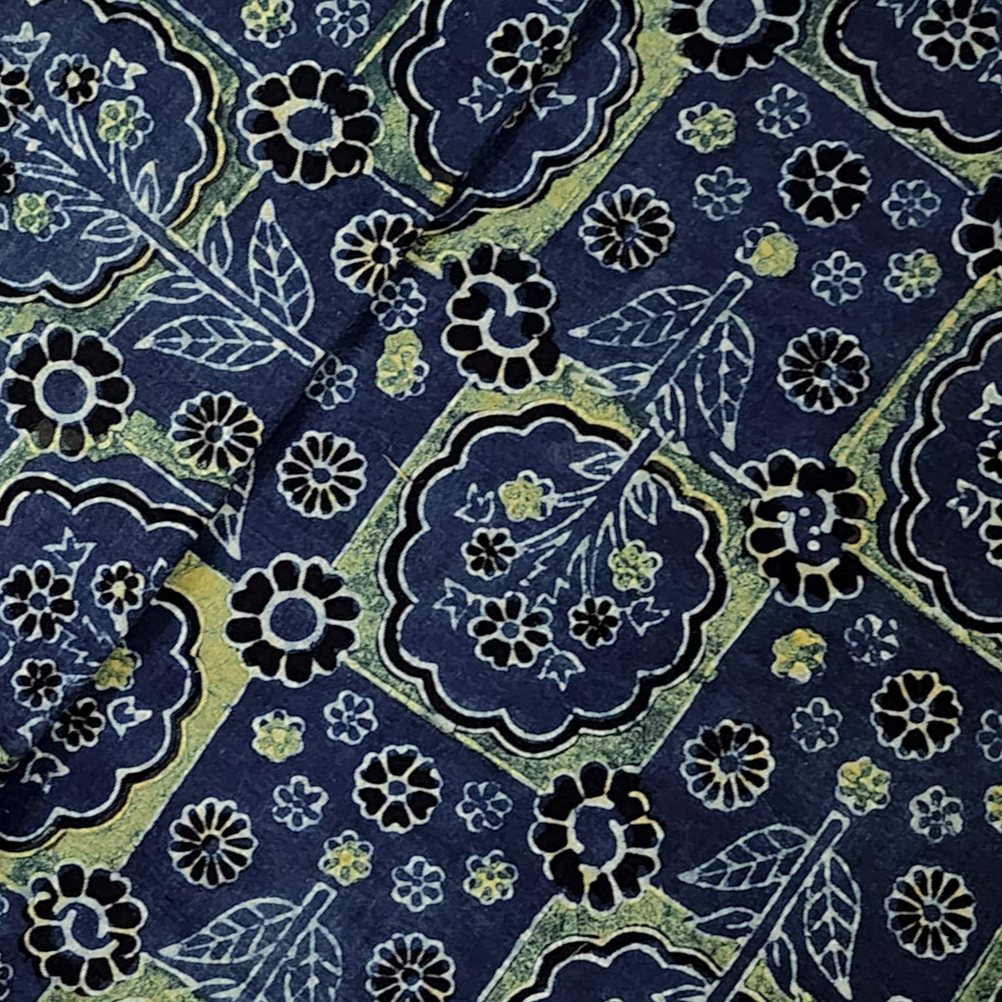 Pure Cotton Ajrak Persian Blue With Squares And Floral Plants Motifs H ...