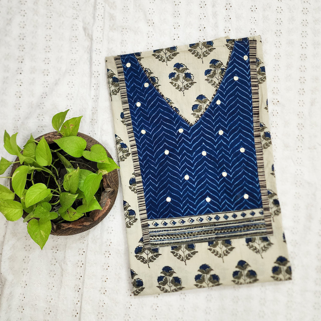 AISHA-Pure Cotton Double Ajrak Cream With Intricate Yoke Pre Designed – Sanskruti