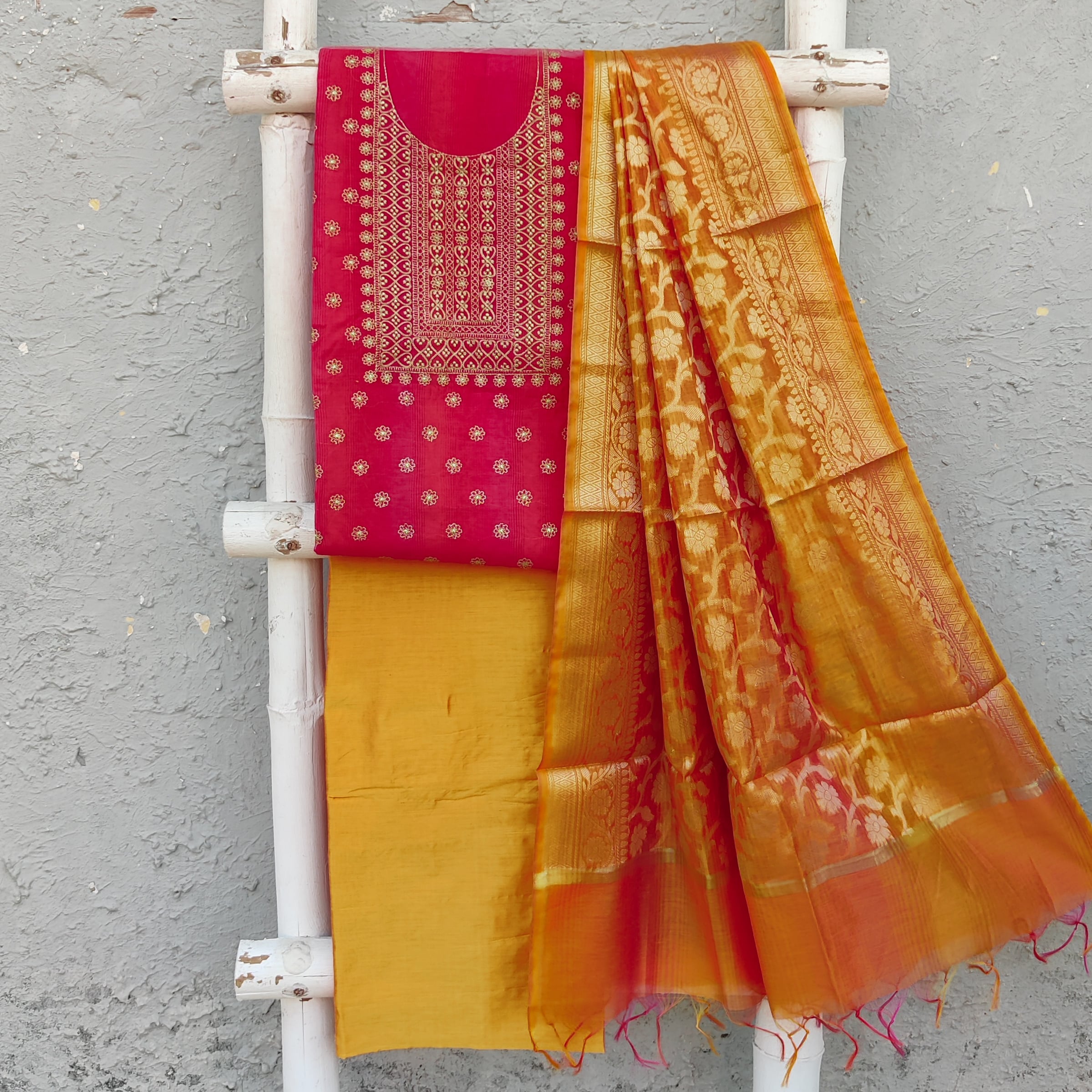 AKRITI - Cotton Silk Top With Embroidered Yoke Plain Cotton Silk Botto ...