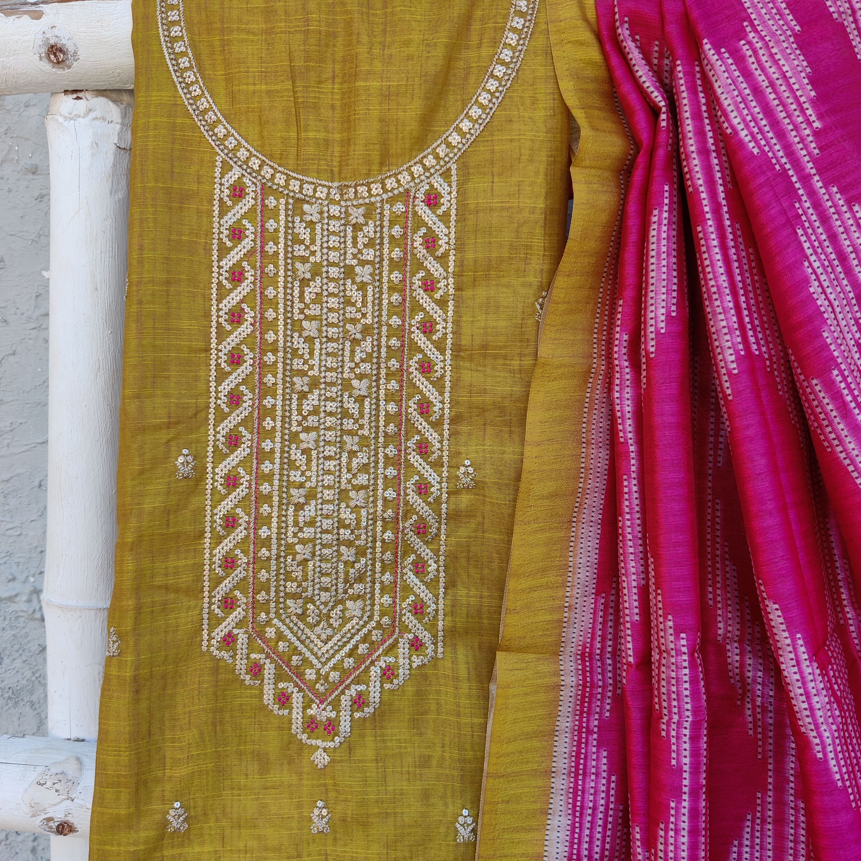 ANUBHA - Mustard Cotton Silk Top Fabric With Embroidered Neck Yoke Wit ...