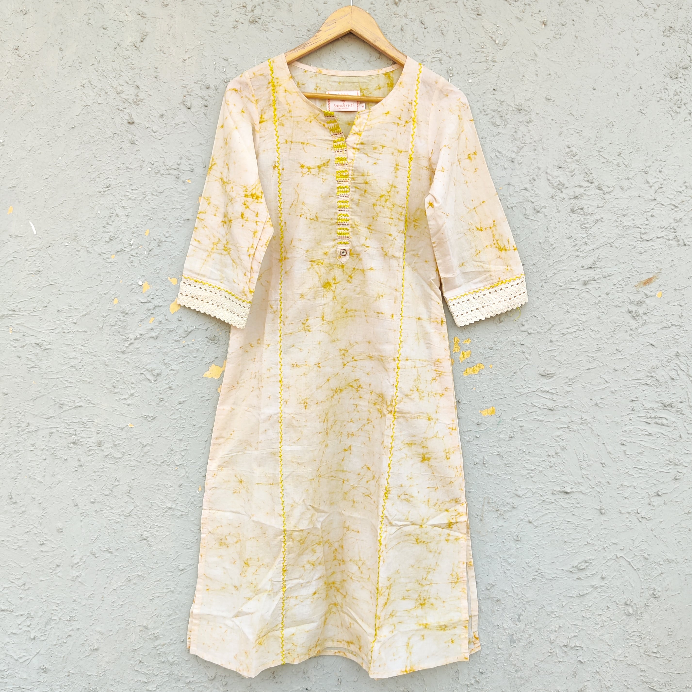 AROHI - Pure Cotton Batik Yellow Shoulder Cut Princess Cut Kurta With ...
