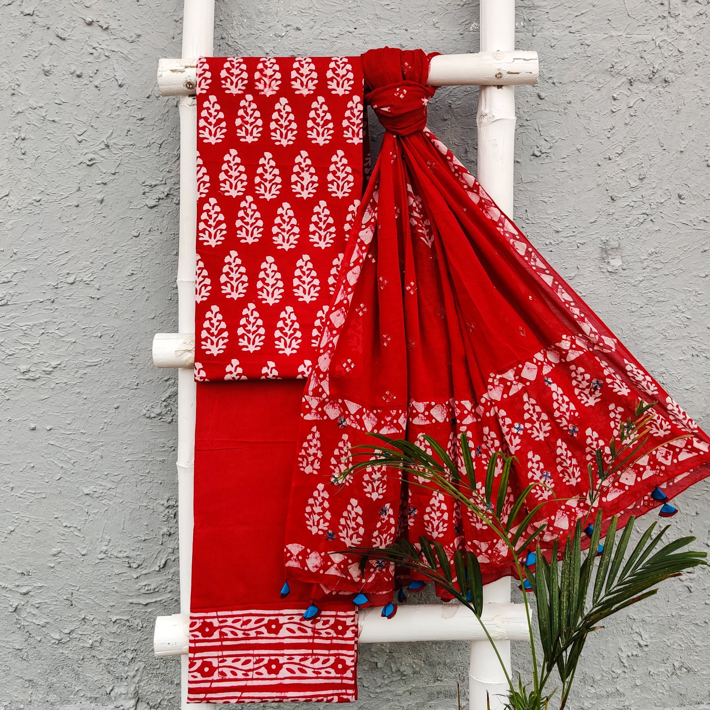 BATIK - Pure Cotton Red Batik Top And Bottom With Constrast Tassle Dup ...