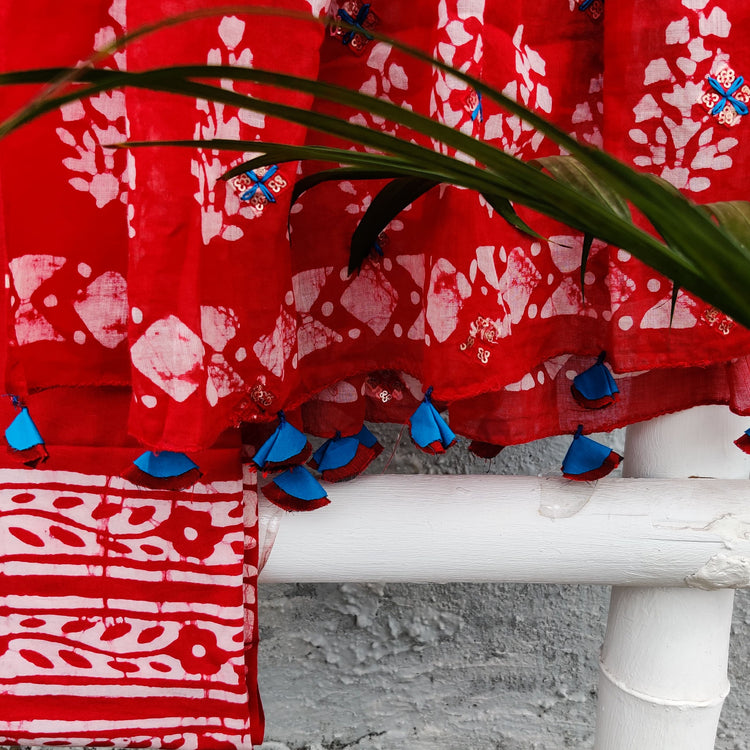 BATIK - Pure Cotton Red Batik Top And Bottom With Constrast Tassle Dup ...