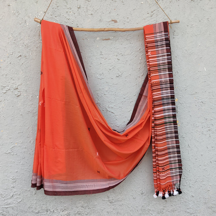 BHUJODI- Pure Cotton Orange Handwoven Bhujodi Saree With Brown Border ...