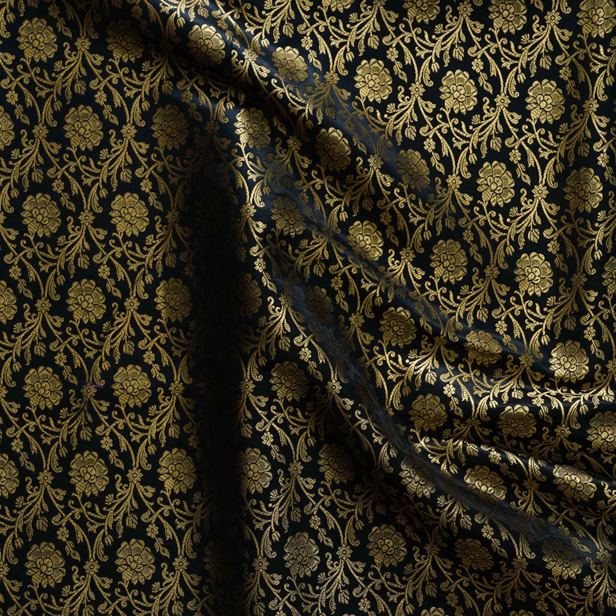 Banarasi Brocade Black With Gold Zari All Over Small Flower Bud Jaal W ...