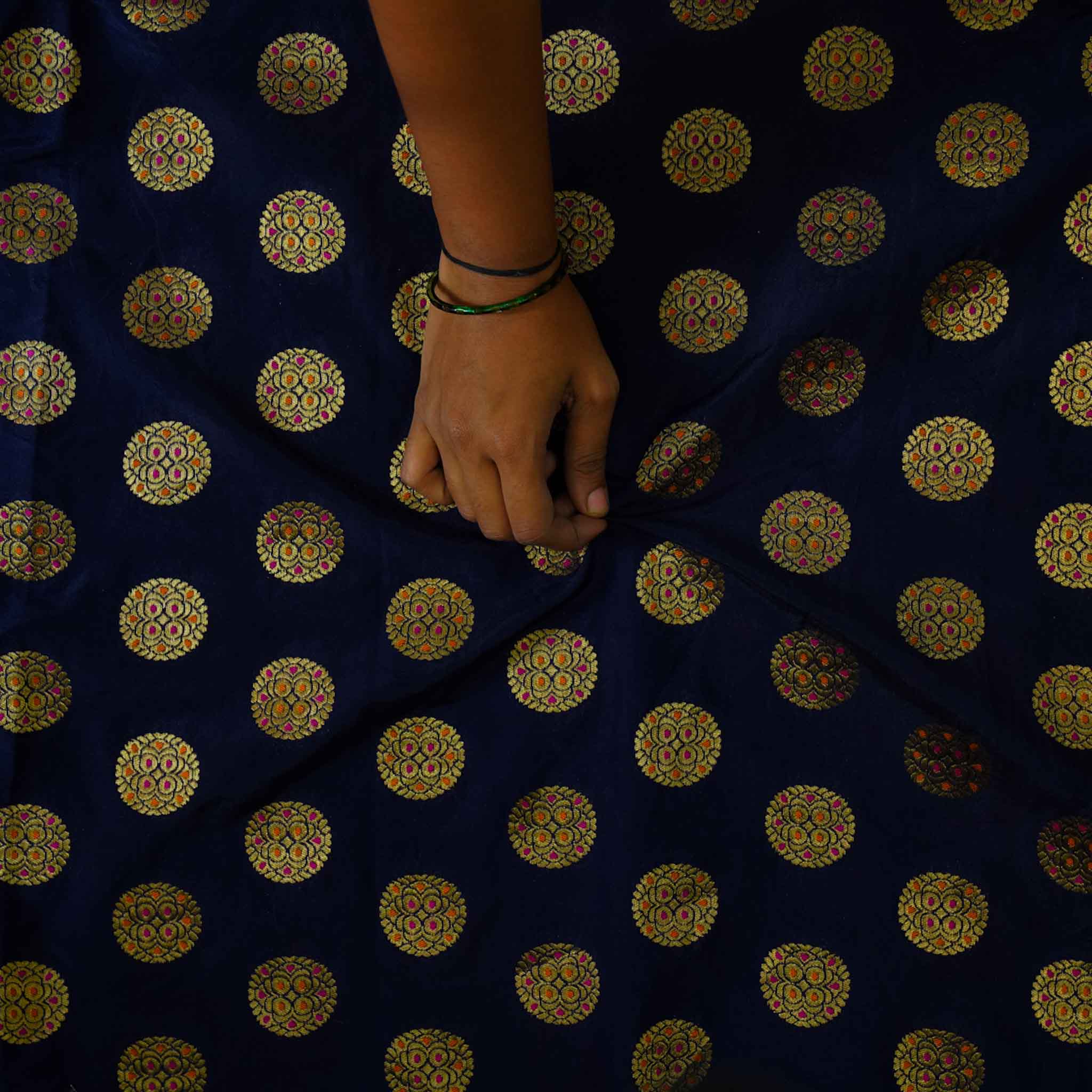 Brocade Navy Blue With Gold Chakra Woven Fabric – Sanskruti